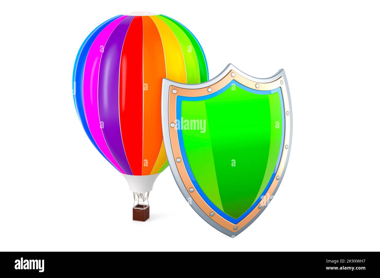 Hot air balloon with shield, 3D rendering isolated on white background ...