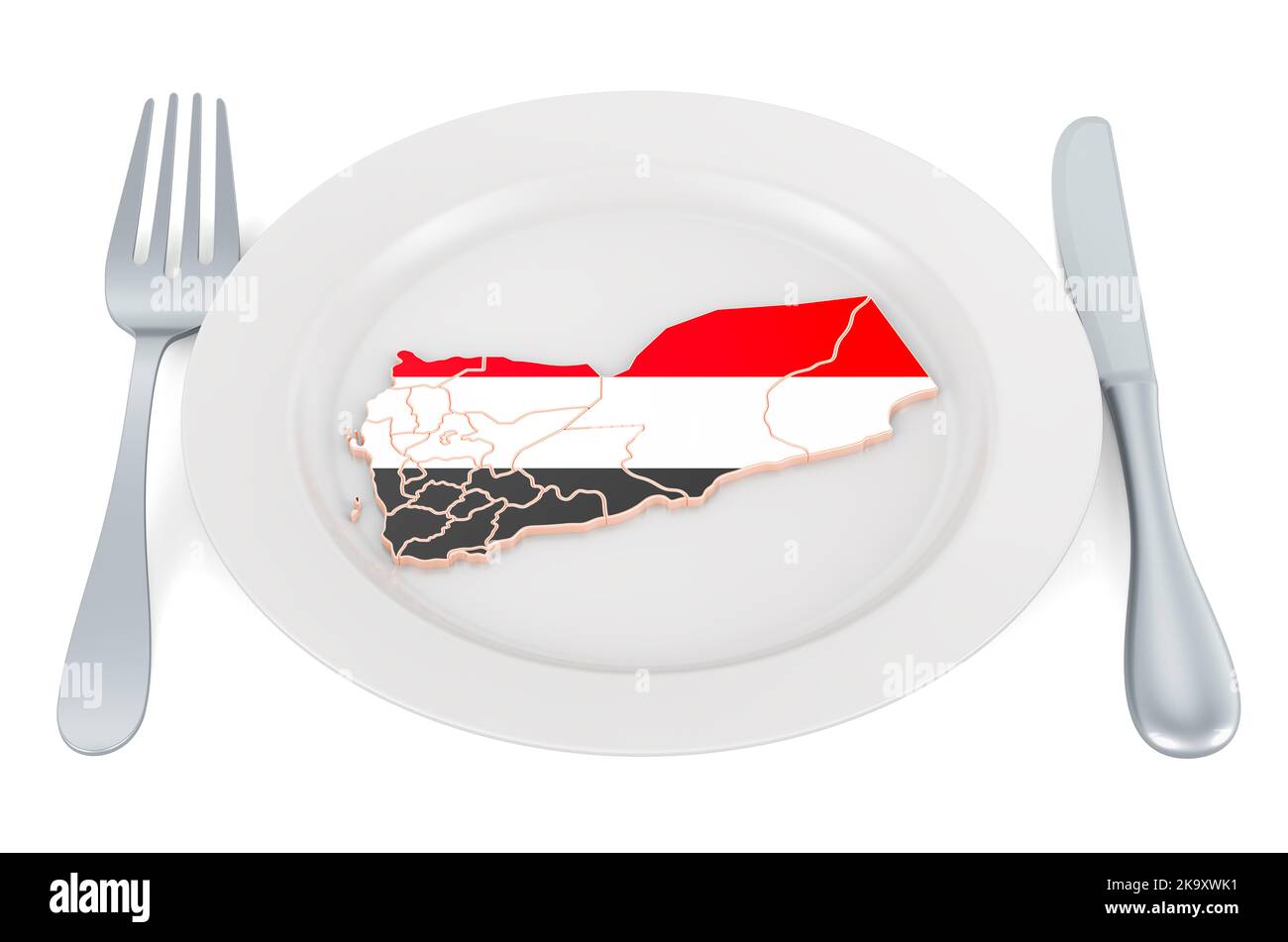 Yemeni cuisine concept. Plate with map of Yemen. 3D rendering isolated ...