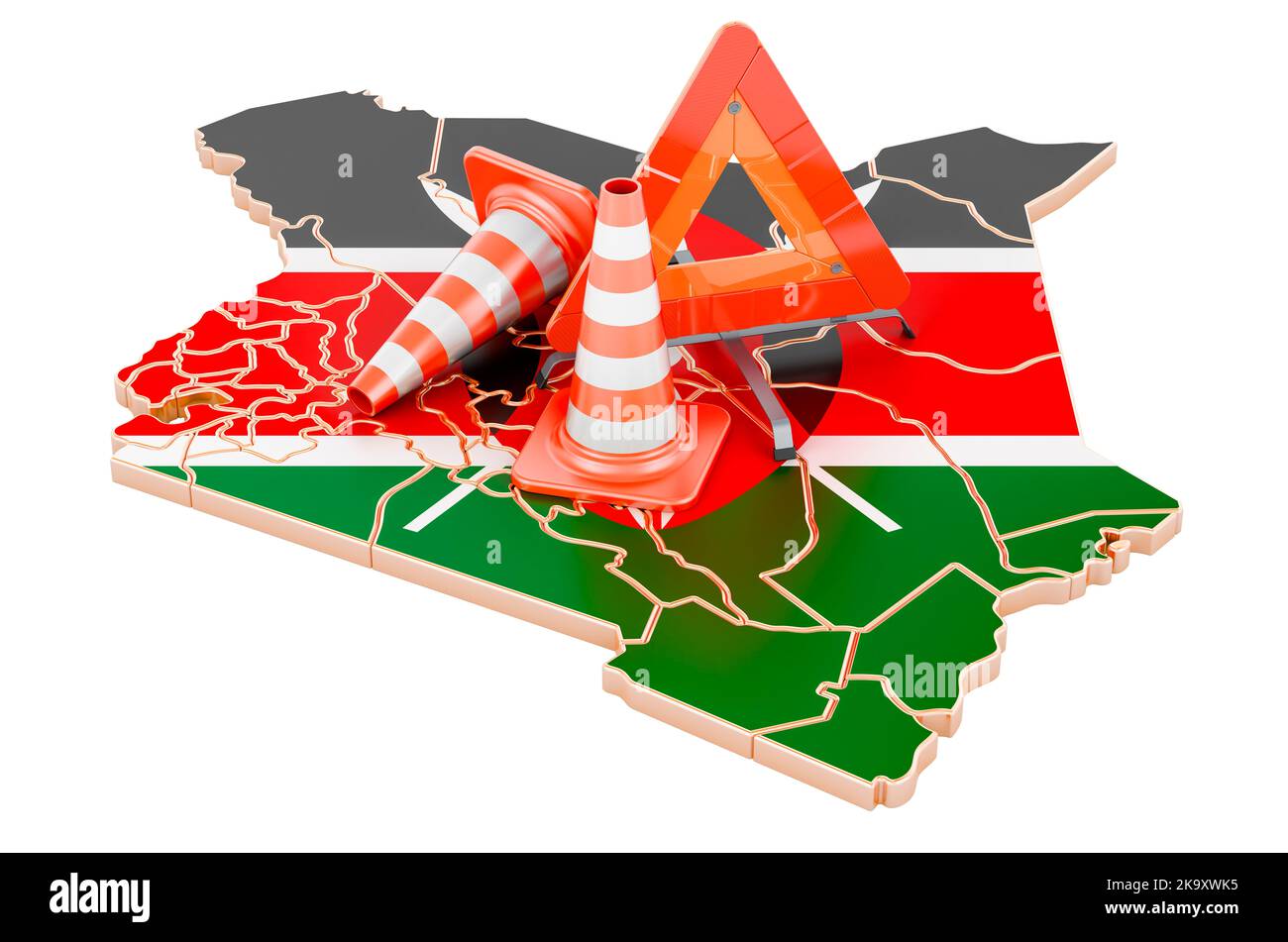 Kenyan map with traffic cones and warning triangle, 3D rendering ...
