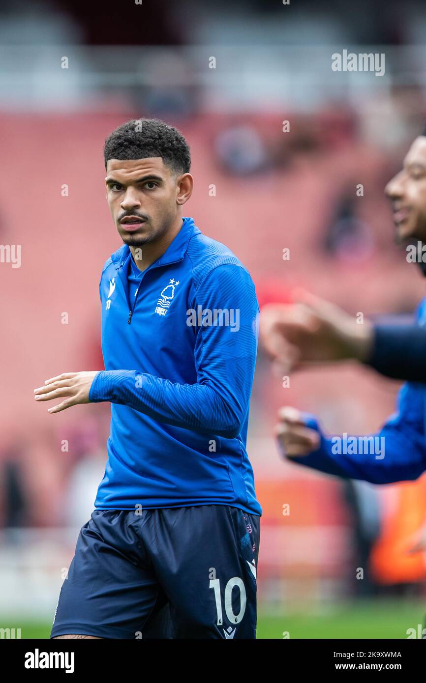 Morgan Gibbs-White #10 of Nottingham Forest warms up before the Premier ...
