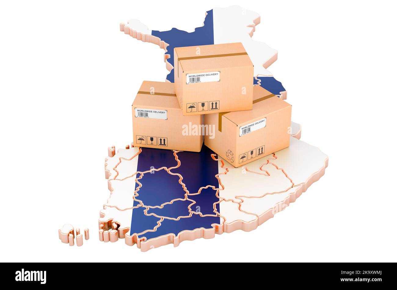 Parcels on the Finnish map. Shipping in Finland, concept. 3D rendering isolated on white ...