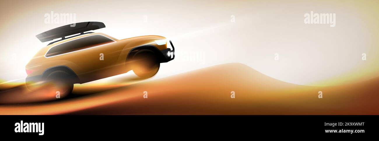 Yellow SUV bashing and jumping in desert on panoramic sunny sandy ...