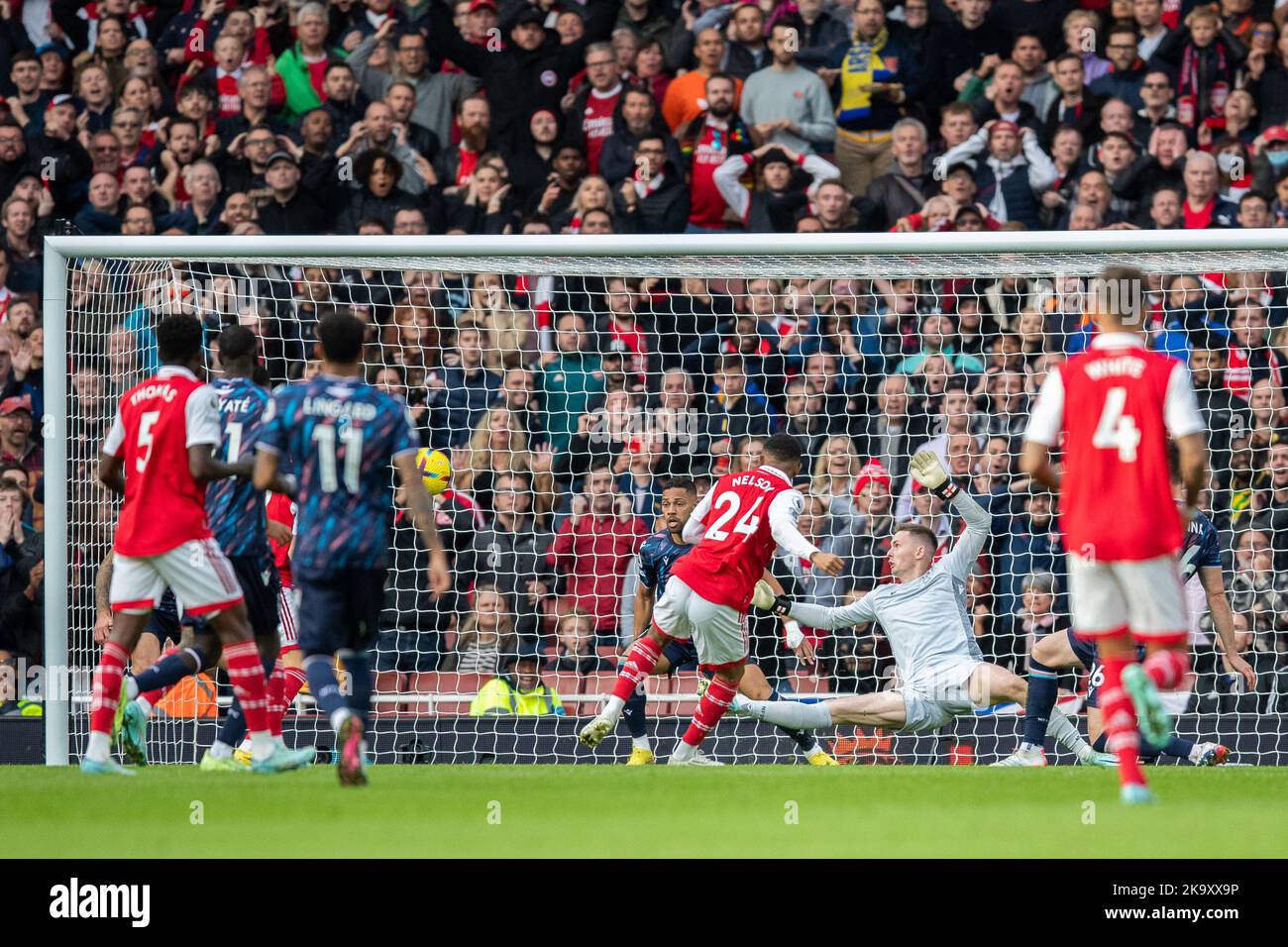 Reiss Nelson #24 of Arsenal scores his first of the afternoon during ...