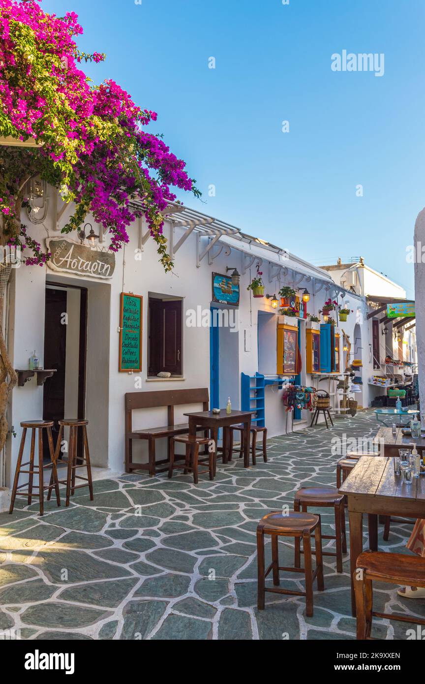 Coffee shop and shops in a street of Folegandros village Greece Stock ...