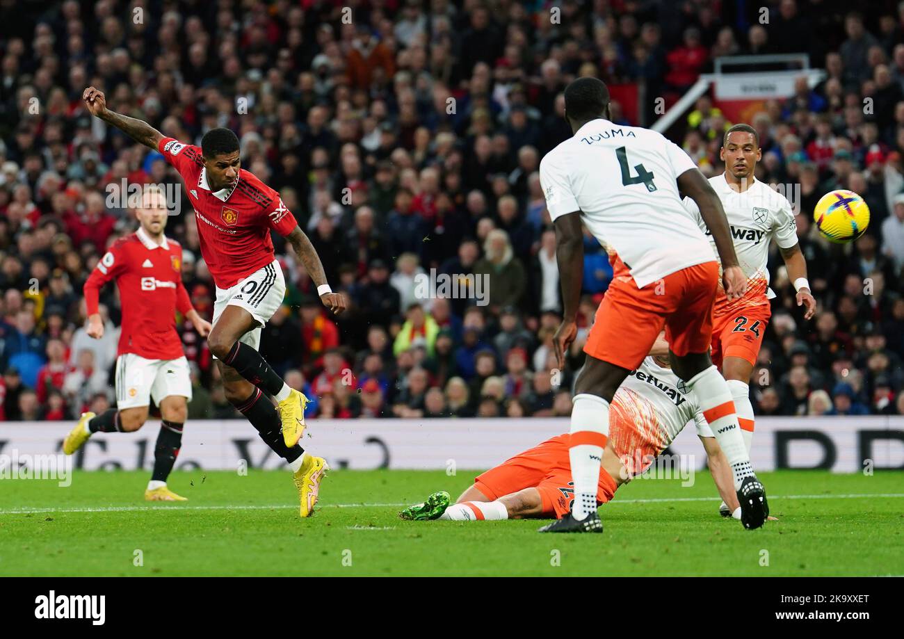 Manchester United's Marcus Rashford attempts a shot on goal during the ...