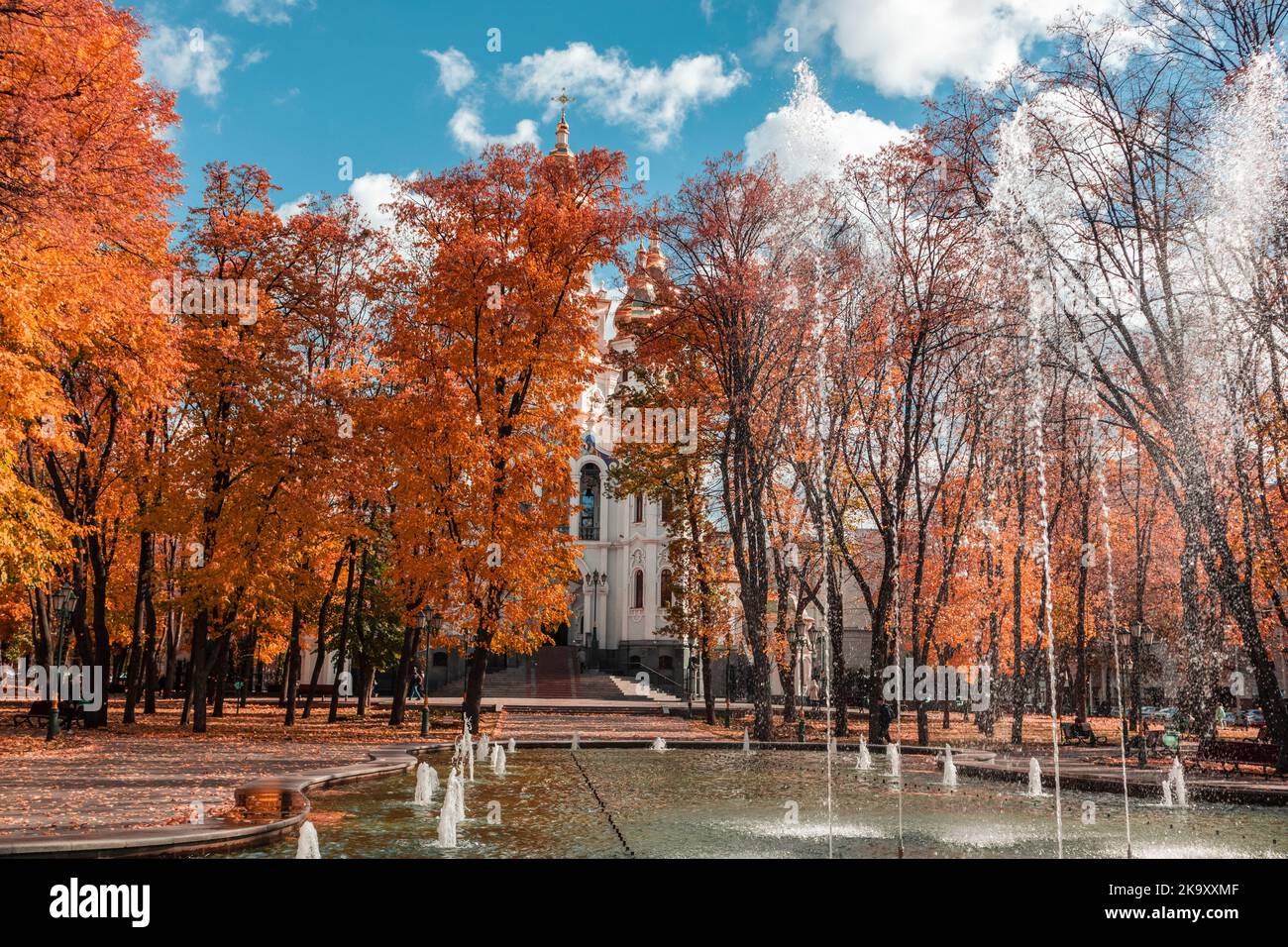 Mirror Stream fountain sight near Myrrh-bearing church. Scenic autumn ...