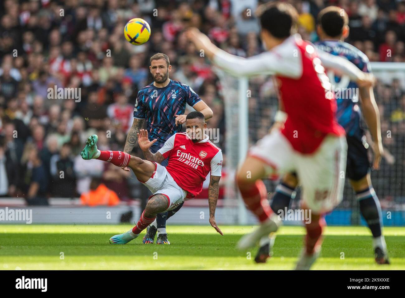Steve Cook #3 of Nottingham Forest clears from an onrushing Gabriel ...
