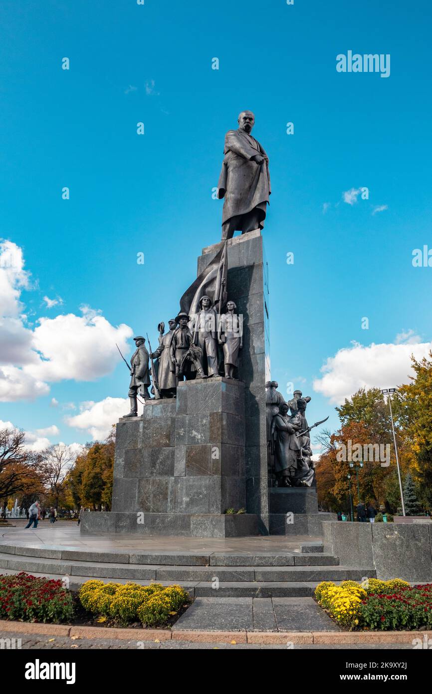 Taras Shevchenko Monument in Kharkiv city center park on blue sky with ...