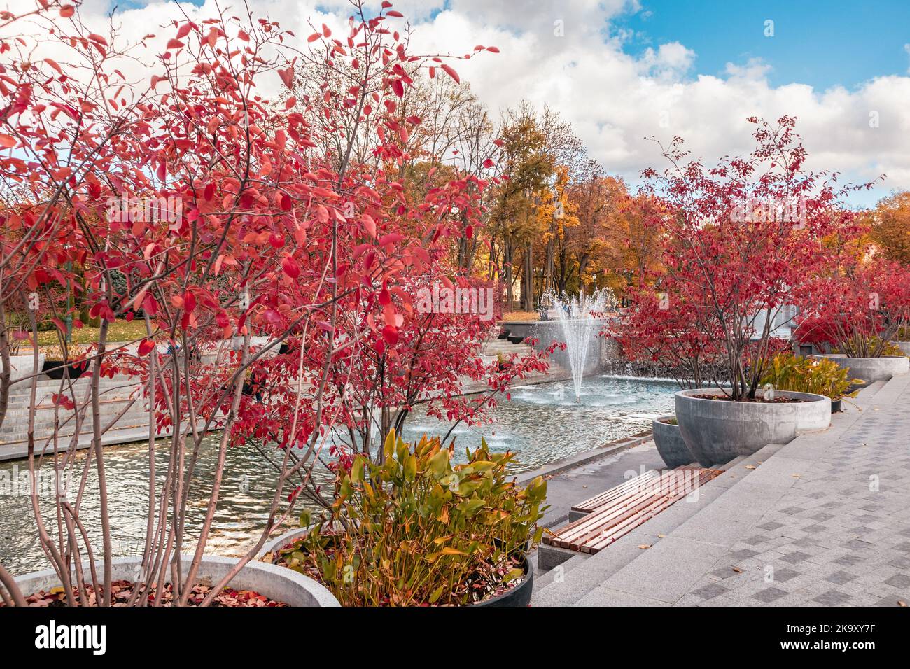 Fountains in autumnal Shevchenko City Garden with red autumn trees ...