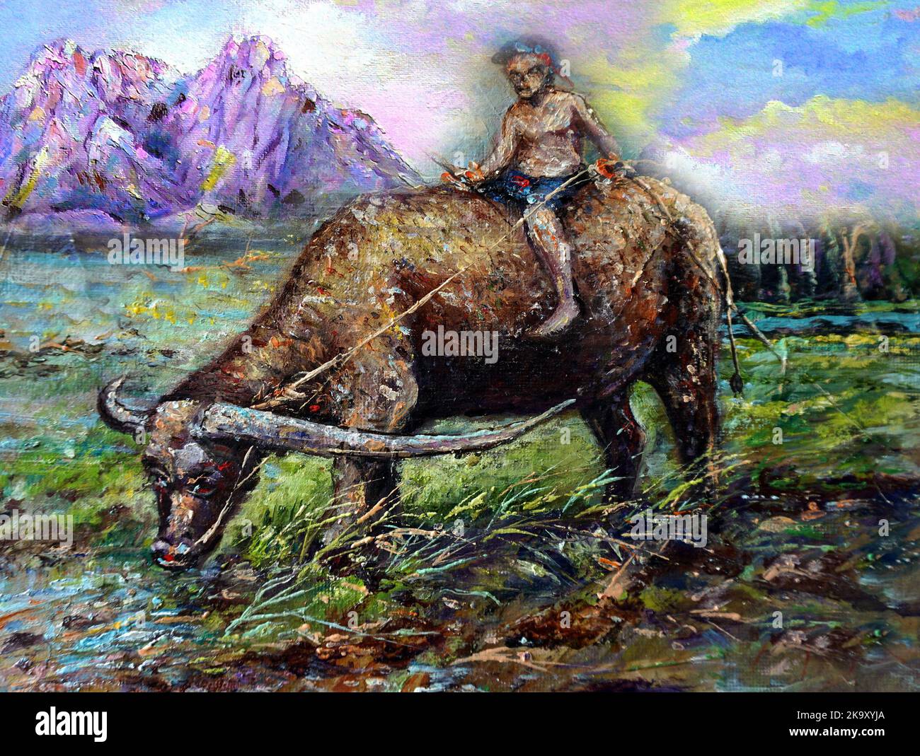 Art painting Oil color Hut northeast Thailand Countryside , Child ...