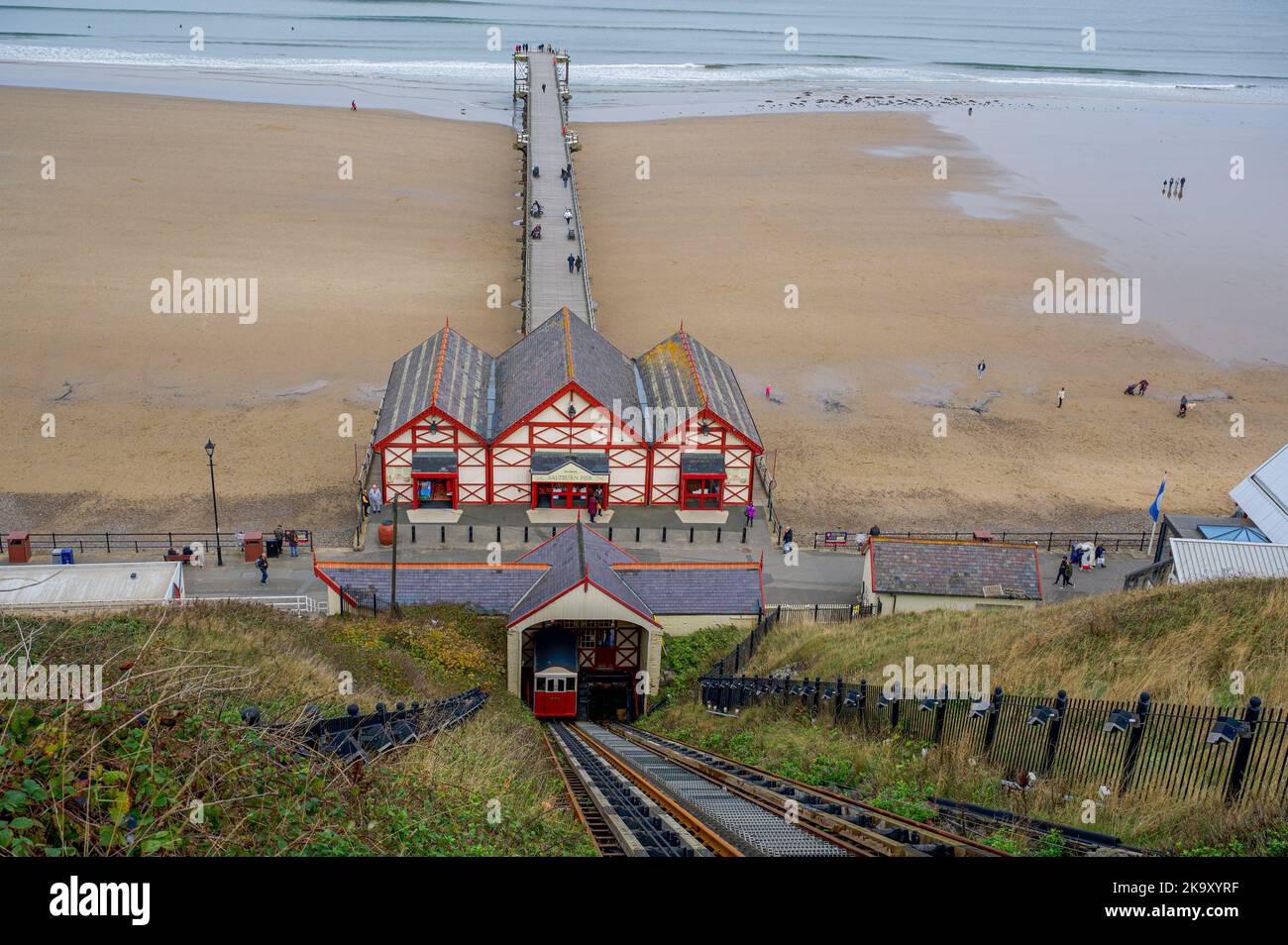 Cliff top view looking down at the Victorian pier and funicular railway ...