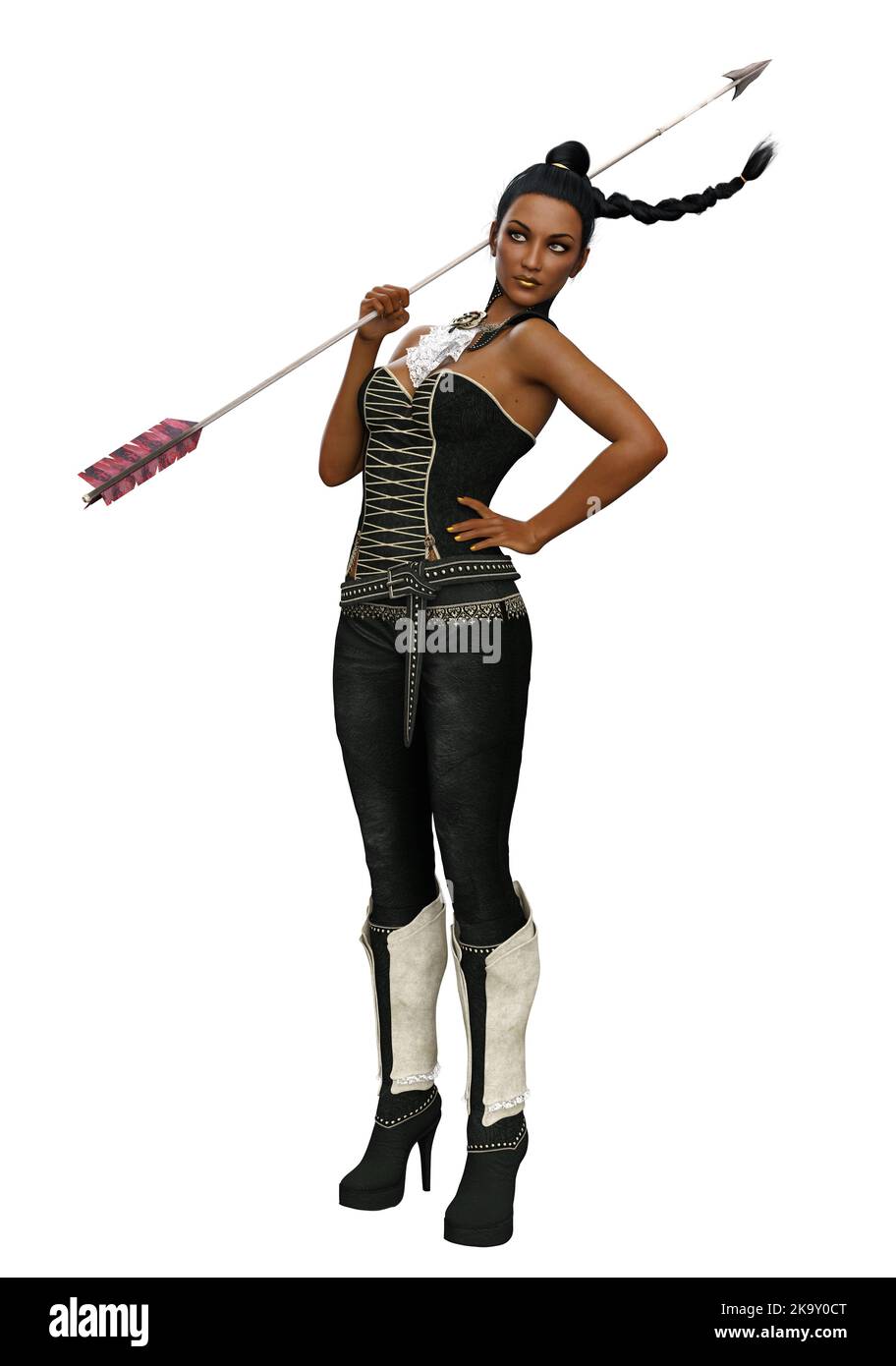 Warrior woman with braided hair wear black gold outfit with armor ...