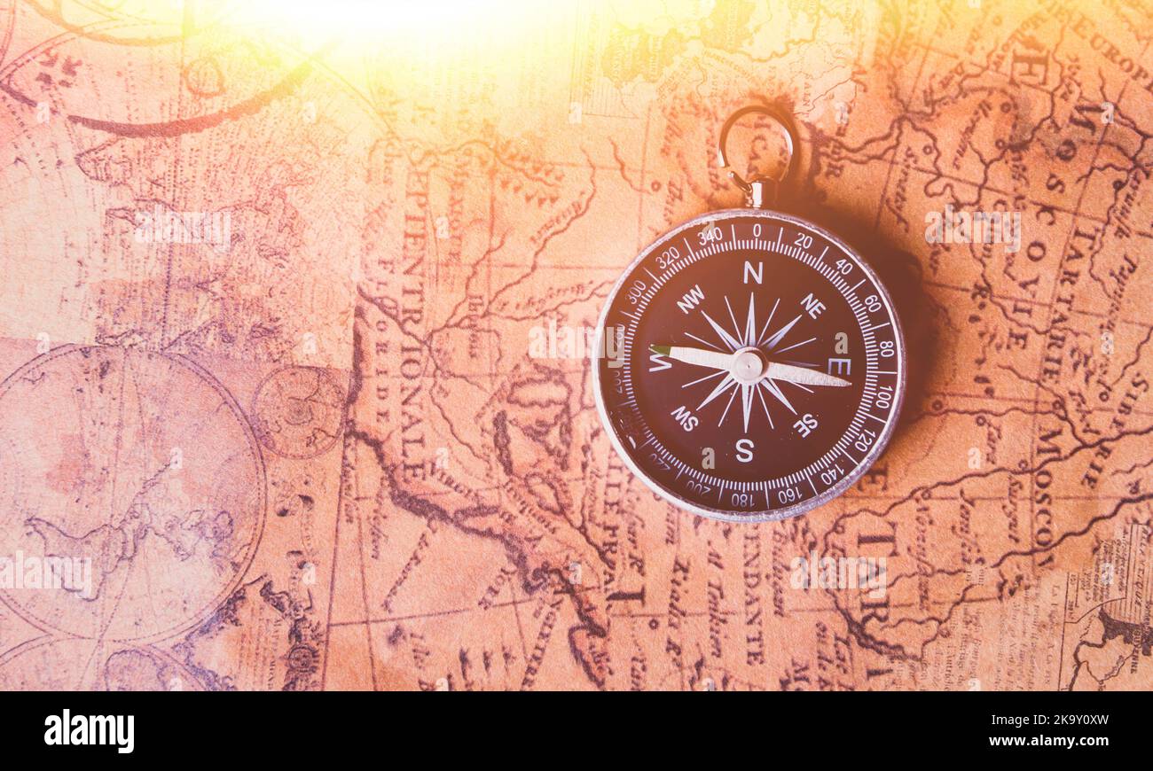 Looking for adventure. Compass and maps. Treasure map and path to the treasure. Travel and ...
