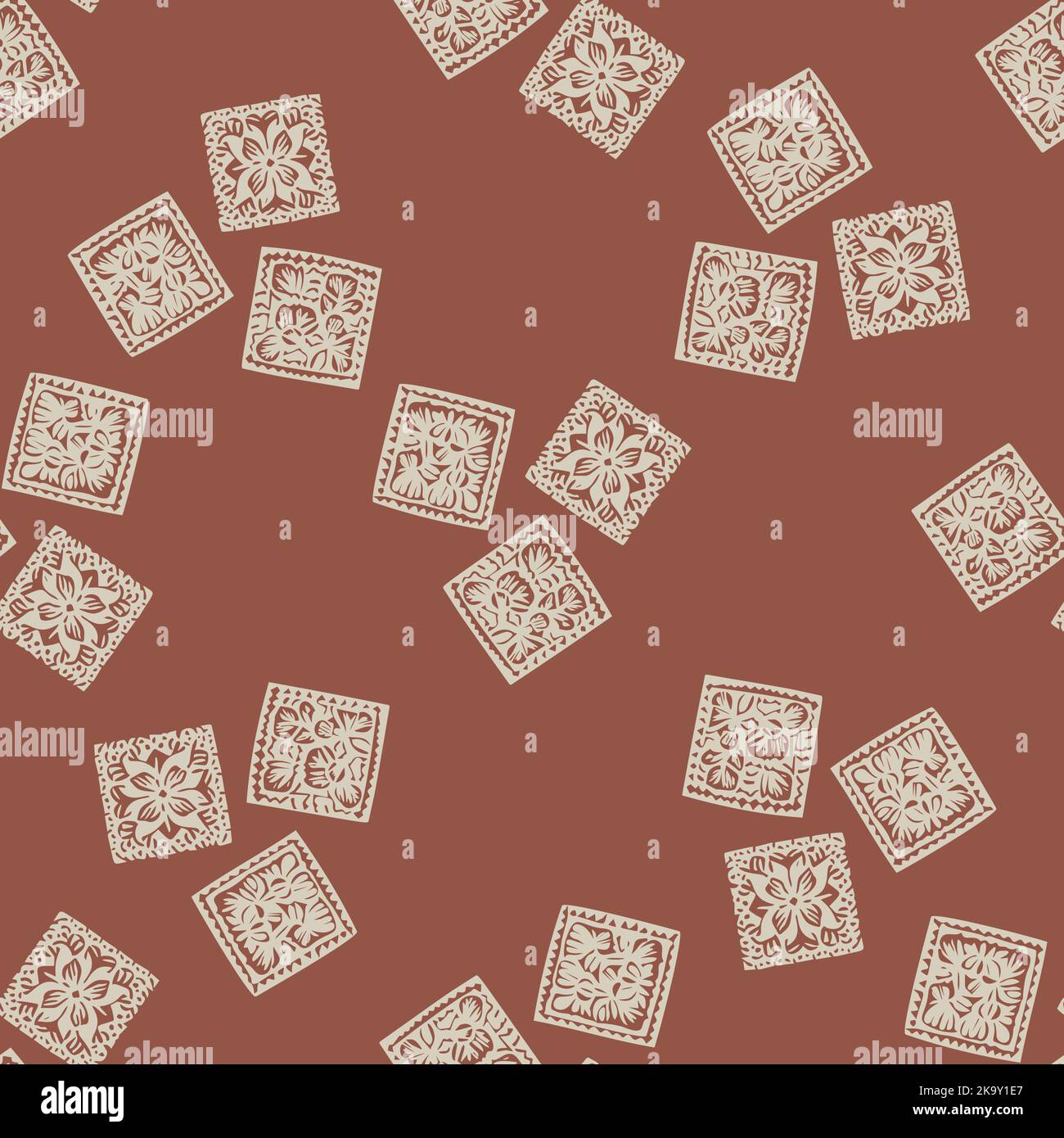 Hand drawn retro block print seamless pattern. Vector 80s vintage ...