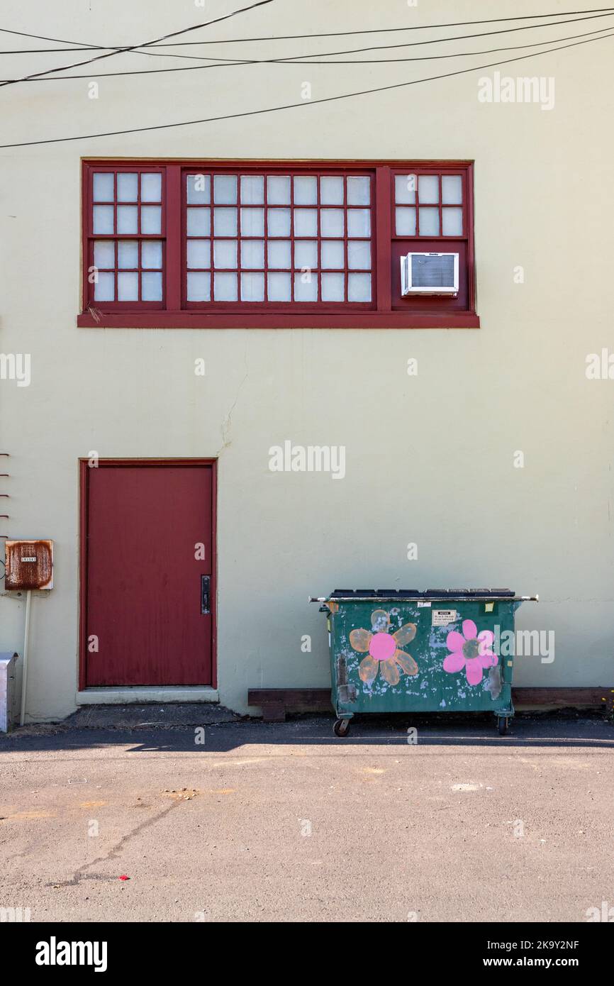 Window, Door, Wall, Trash Container painted with flowers Stock Photo ...