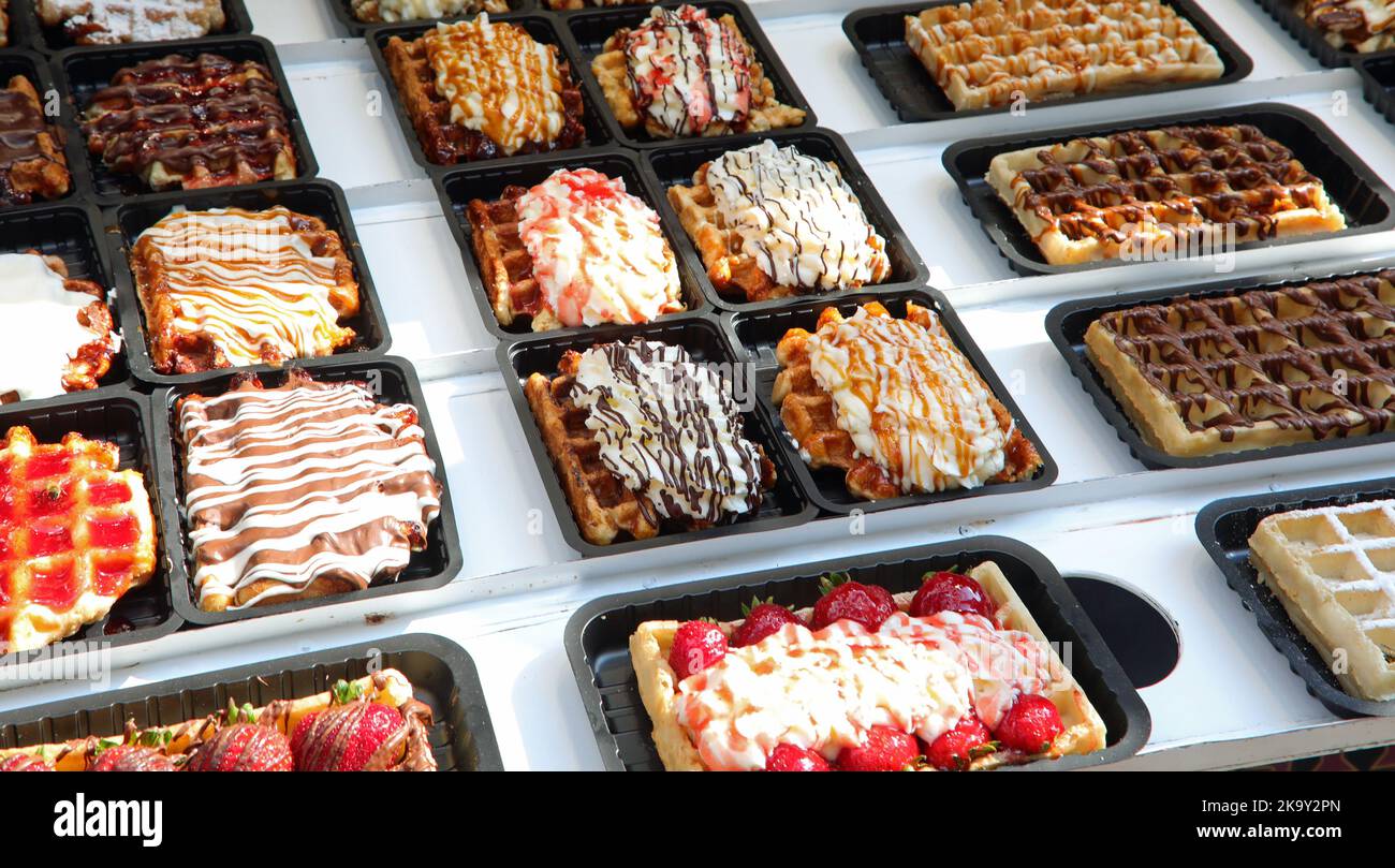 typical belgian dessert called WAFFLE for sale in the patisserie Stock ...