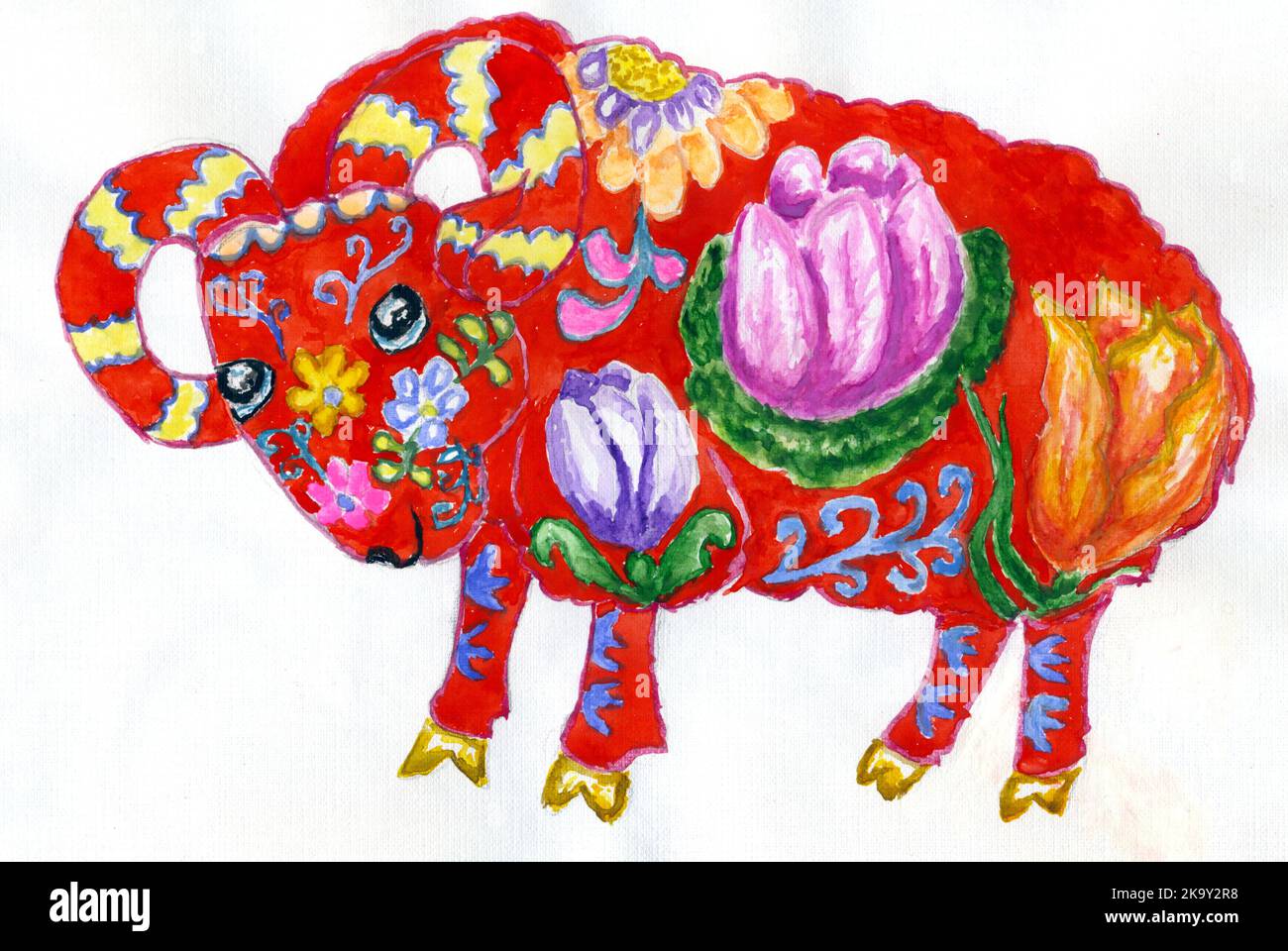 Decorative red ram with colorful flowers, hand drawn illustration Stock ...