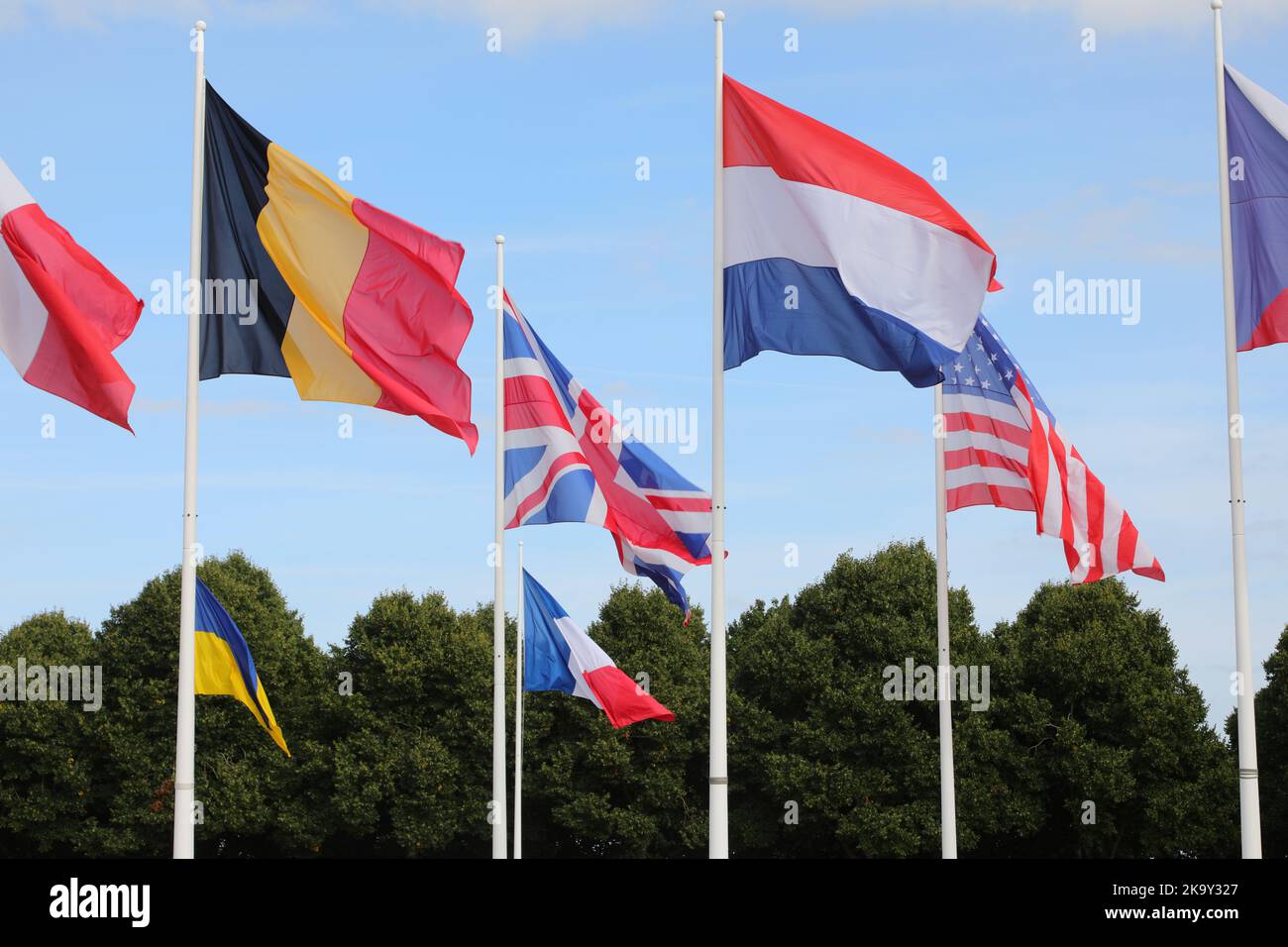 many international flags flying during the international meeting Stock ...