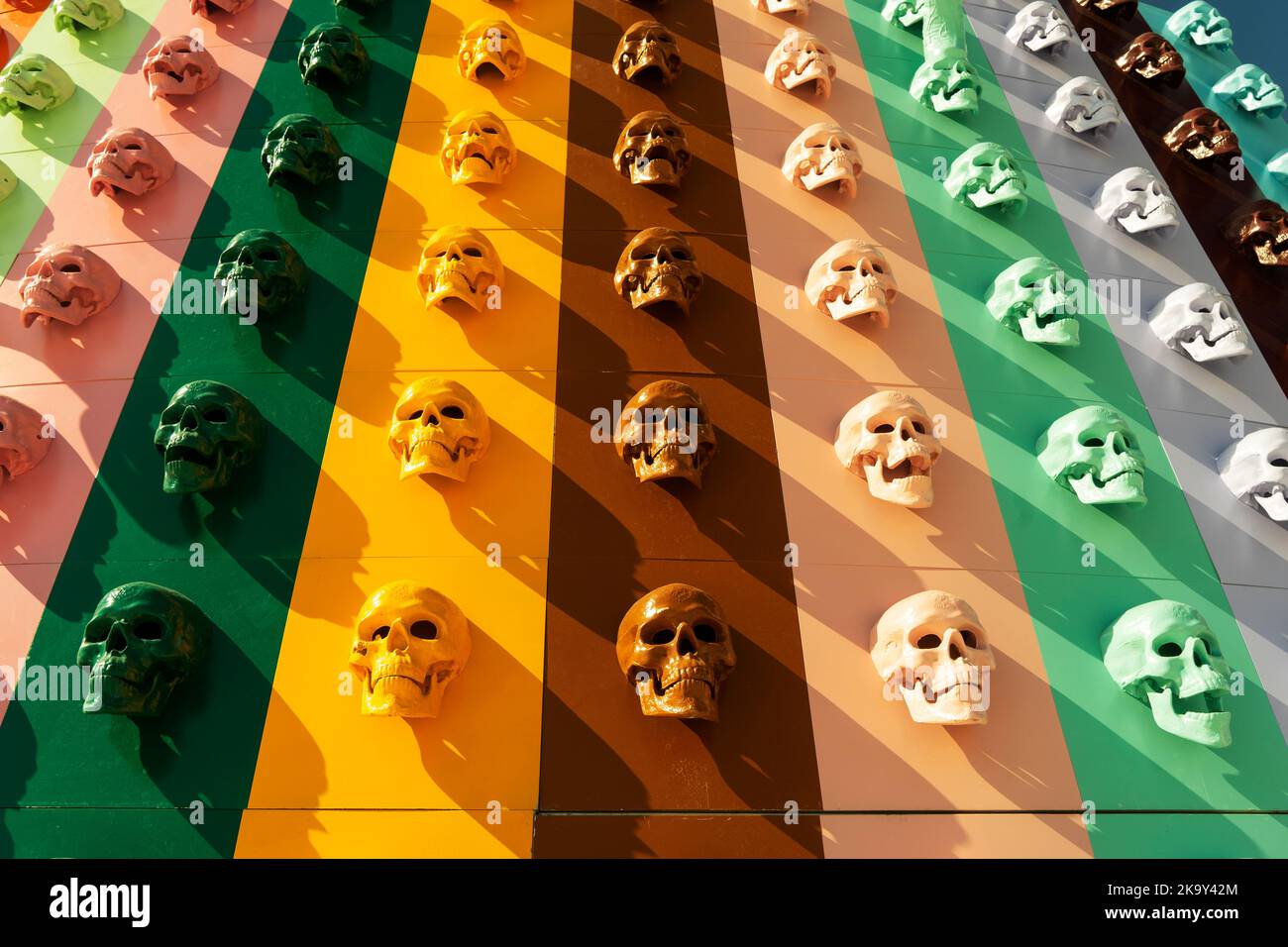 A collection of multi-colored skulls laid out in a line. Halloween ...