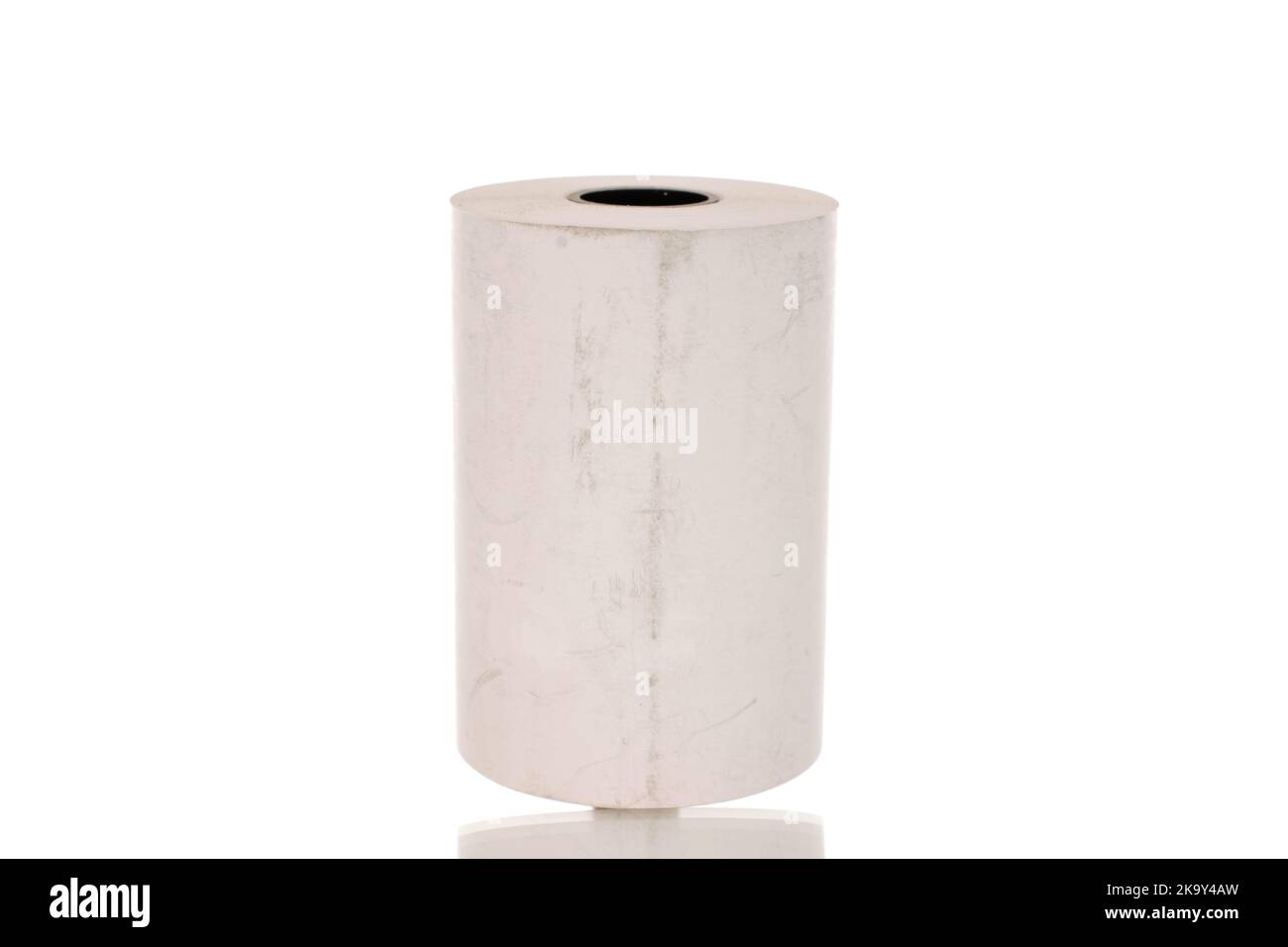 One paper cash register tape, close-up isolated on white Stock Photo ...