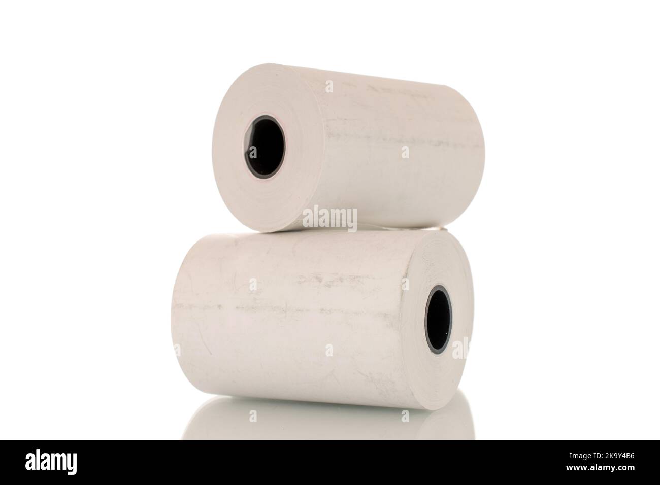 Two rolls of paper cash register tape, close-up isolated on white Stock ...