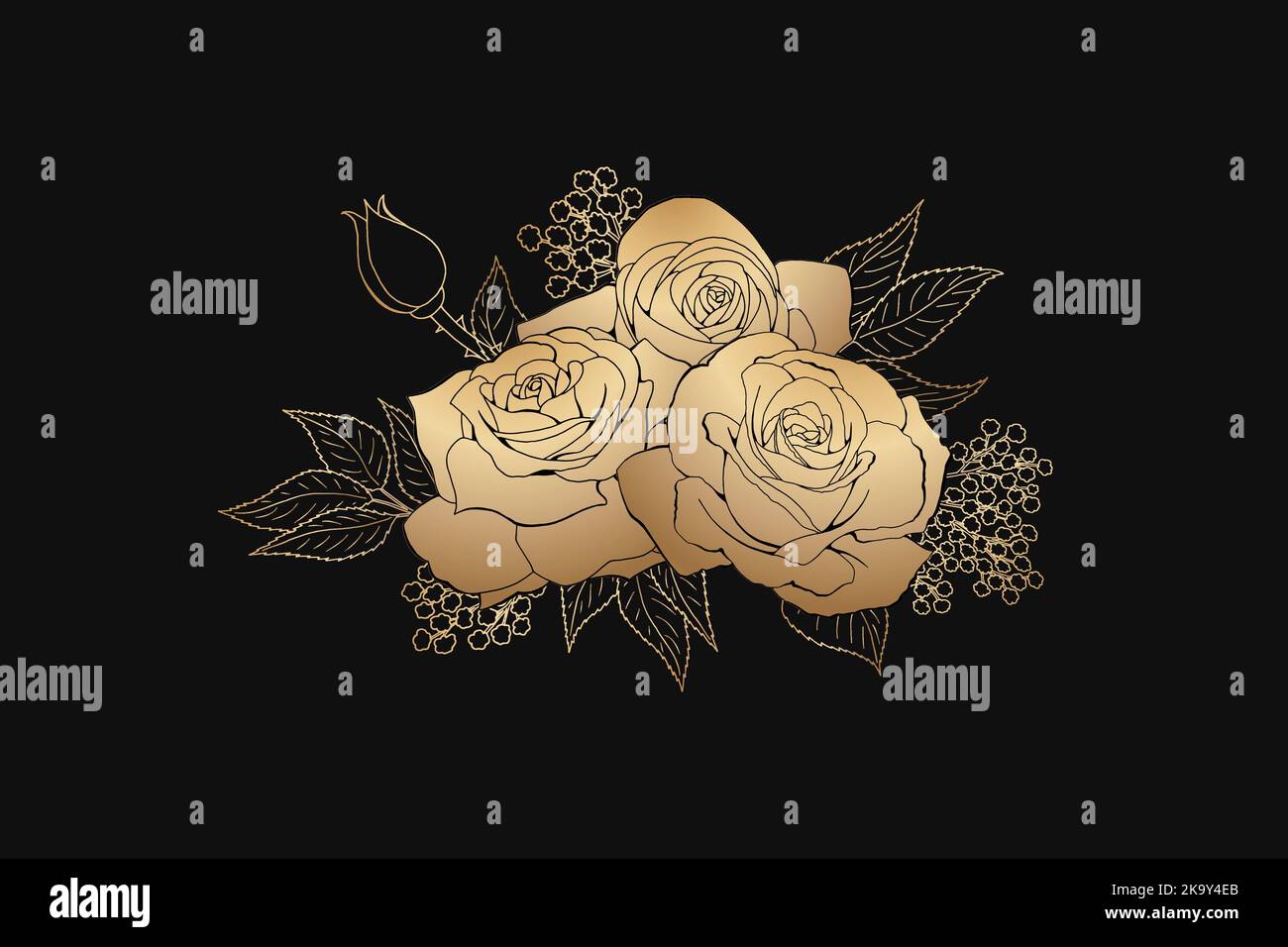 Roses hand drawing engraved. A blossoming rosebud. Golden vector ...