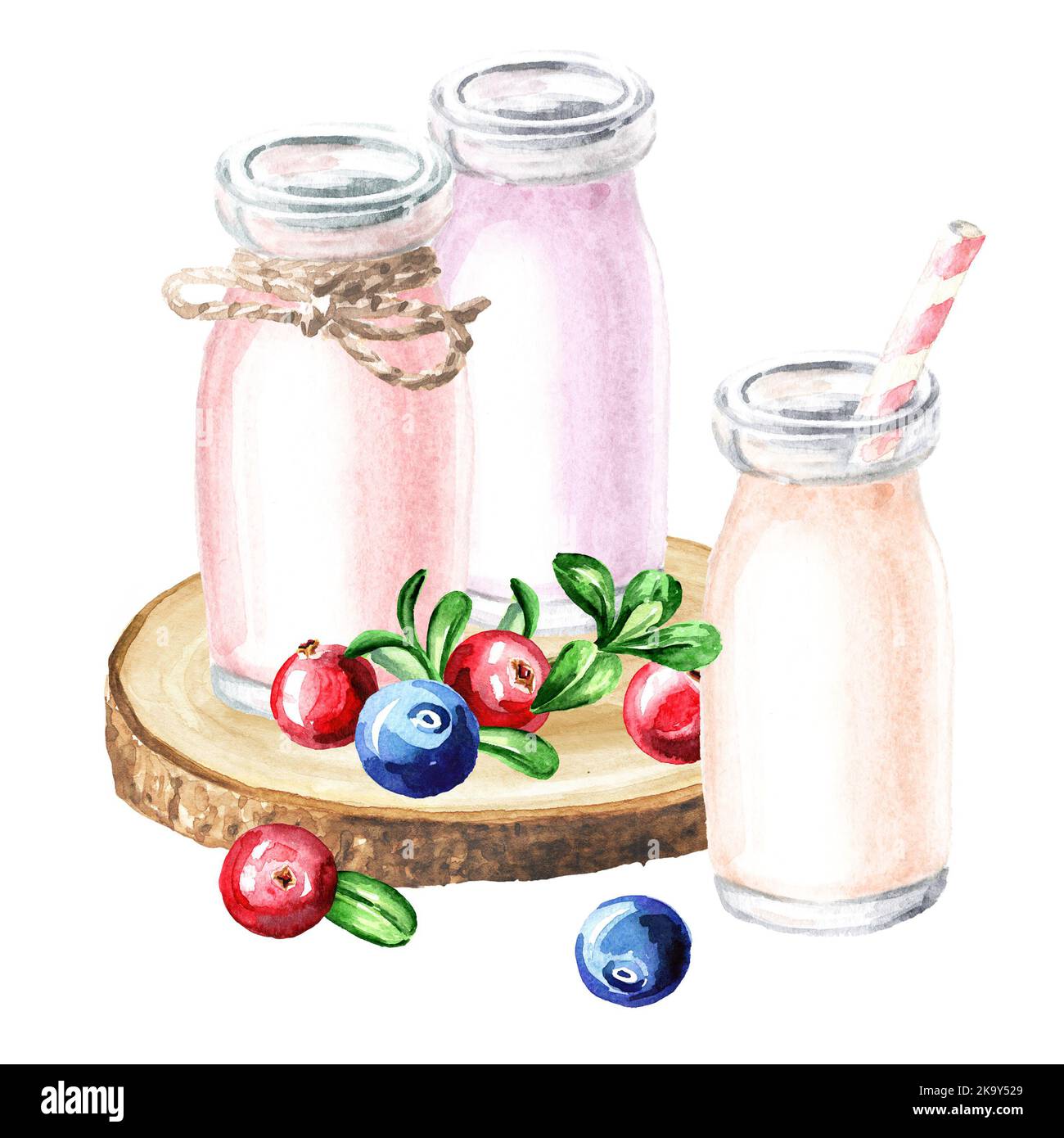 Homemade forest berry yogurt in the bottles. Hand drawn watercolor ...