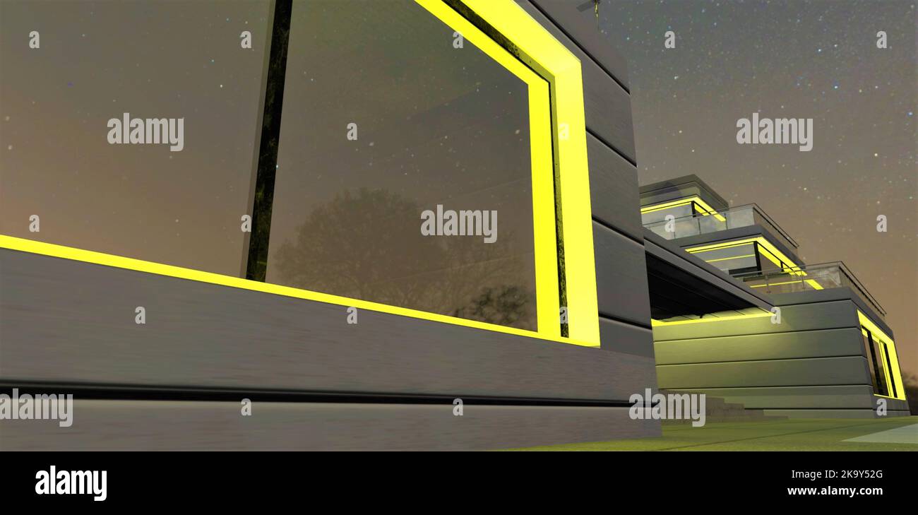 Yellow LED lighting on the exterior of a modern newly built house. The ...