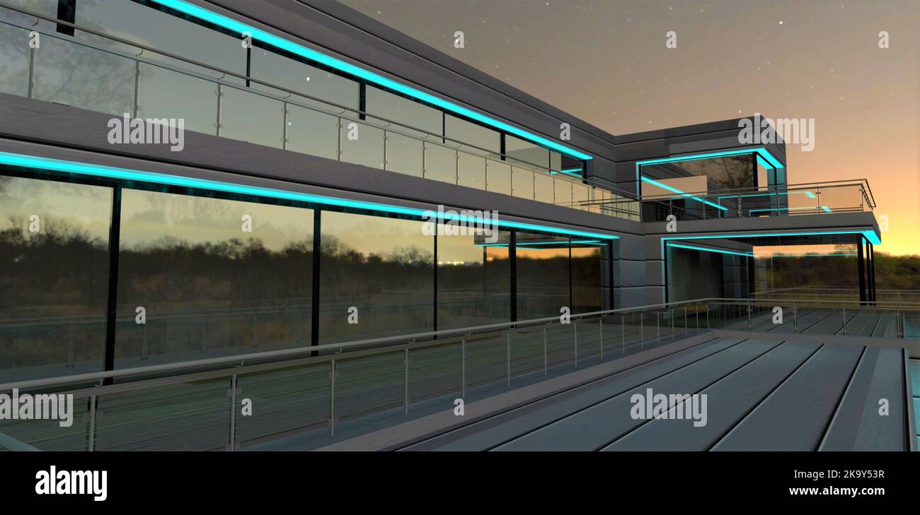 Turquoise LED illumination of the facade of a modern advanced private building at night. Long ...