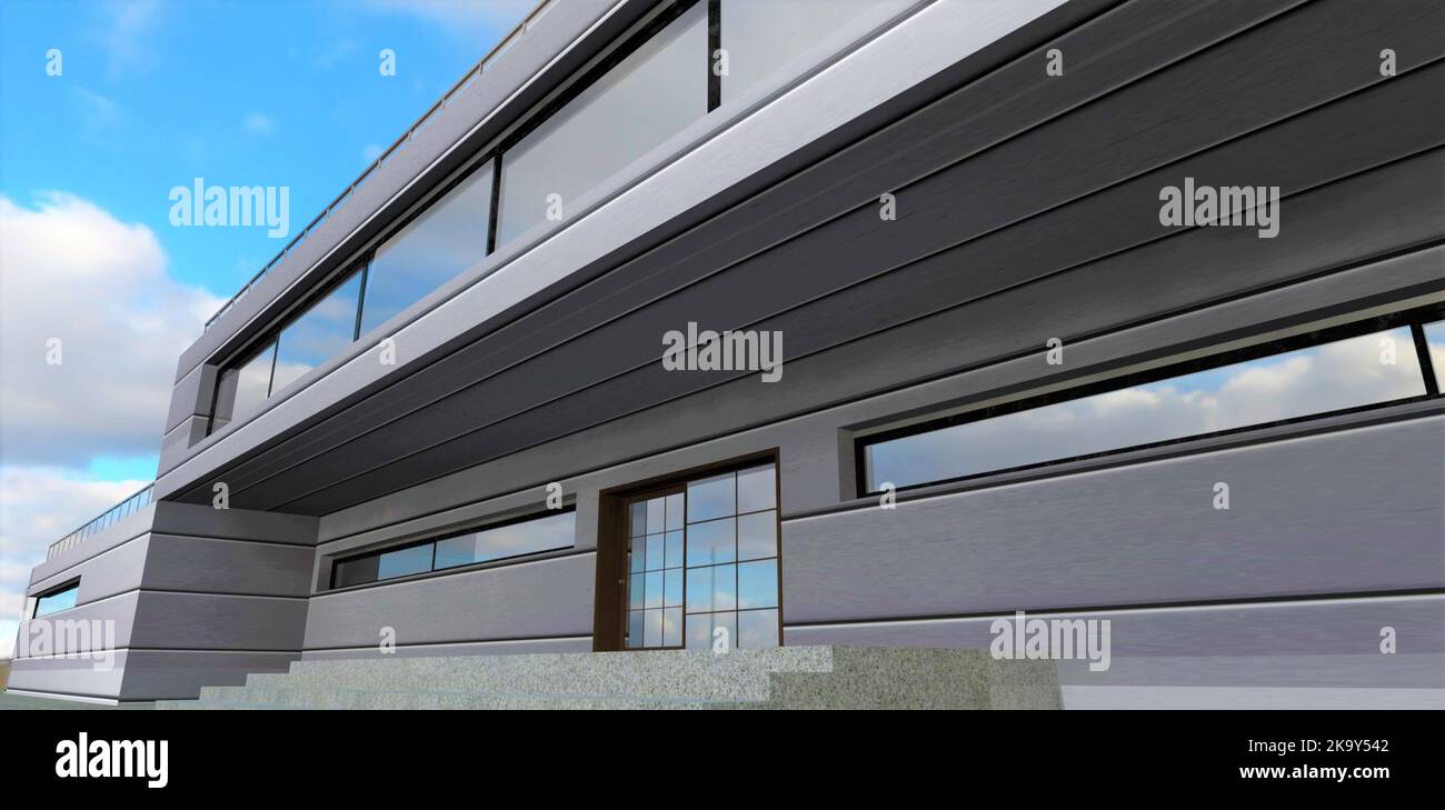 Porch of a futuristic house. Elongated flat shape. Facade decoration ...