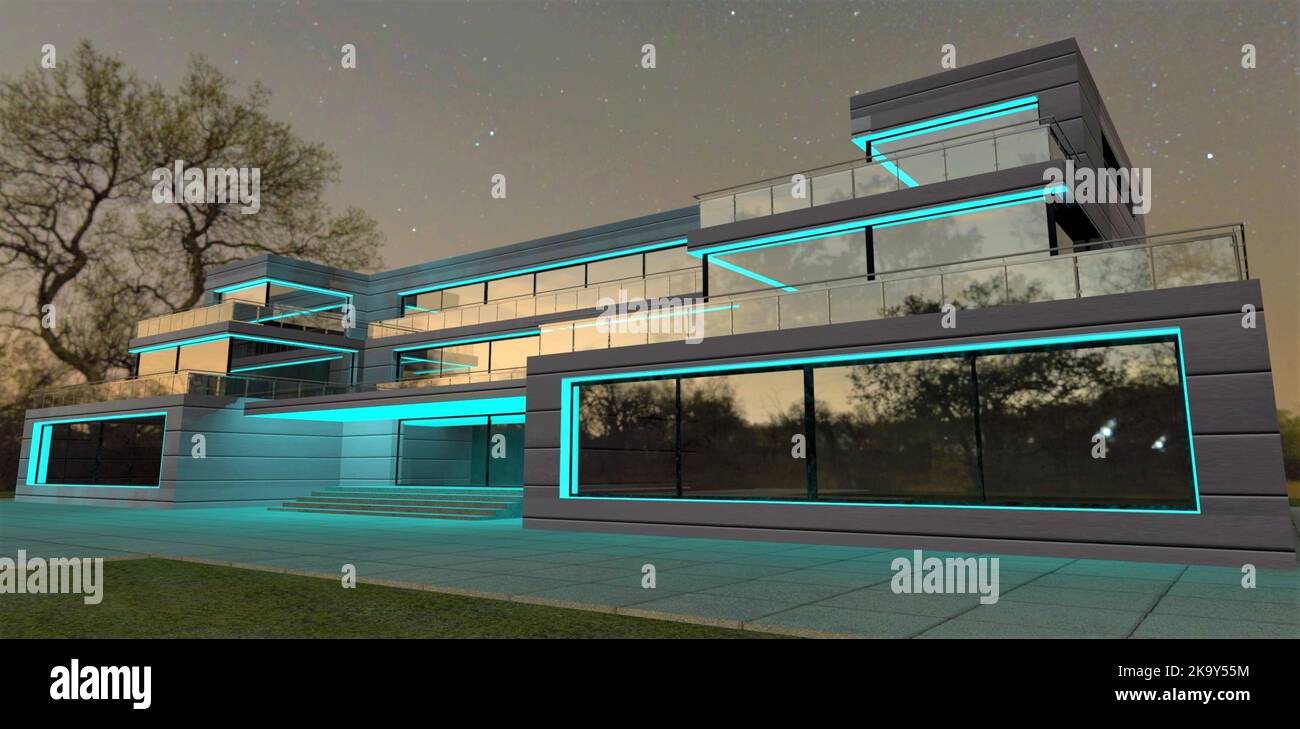 Trendy lighting design for a suburban private building with a turquoise ...