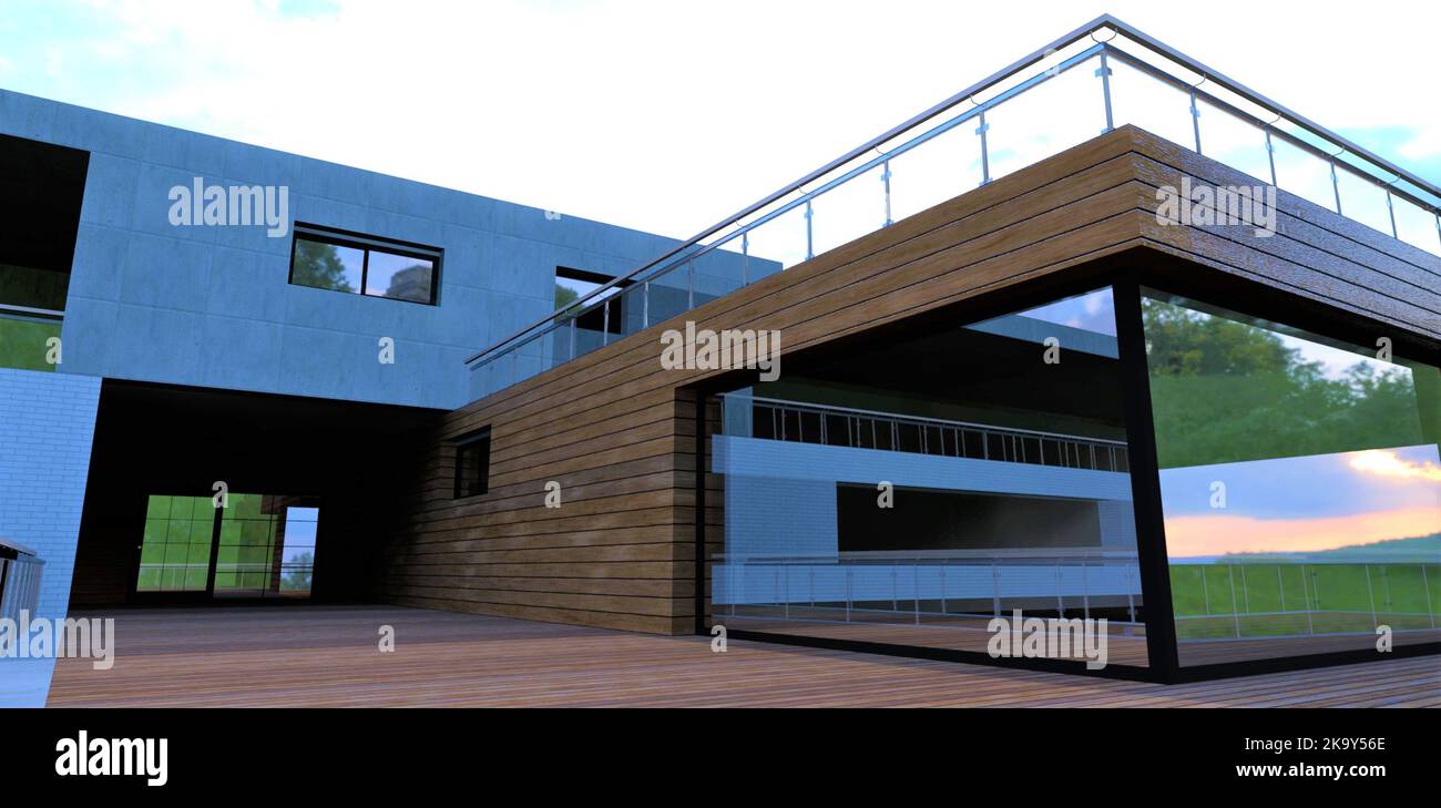 The project of a spacious wide terrace with a wooden covering. Exit to ...