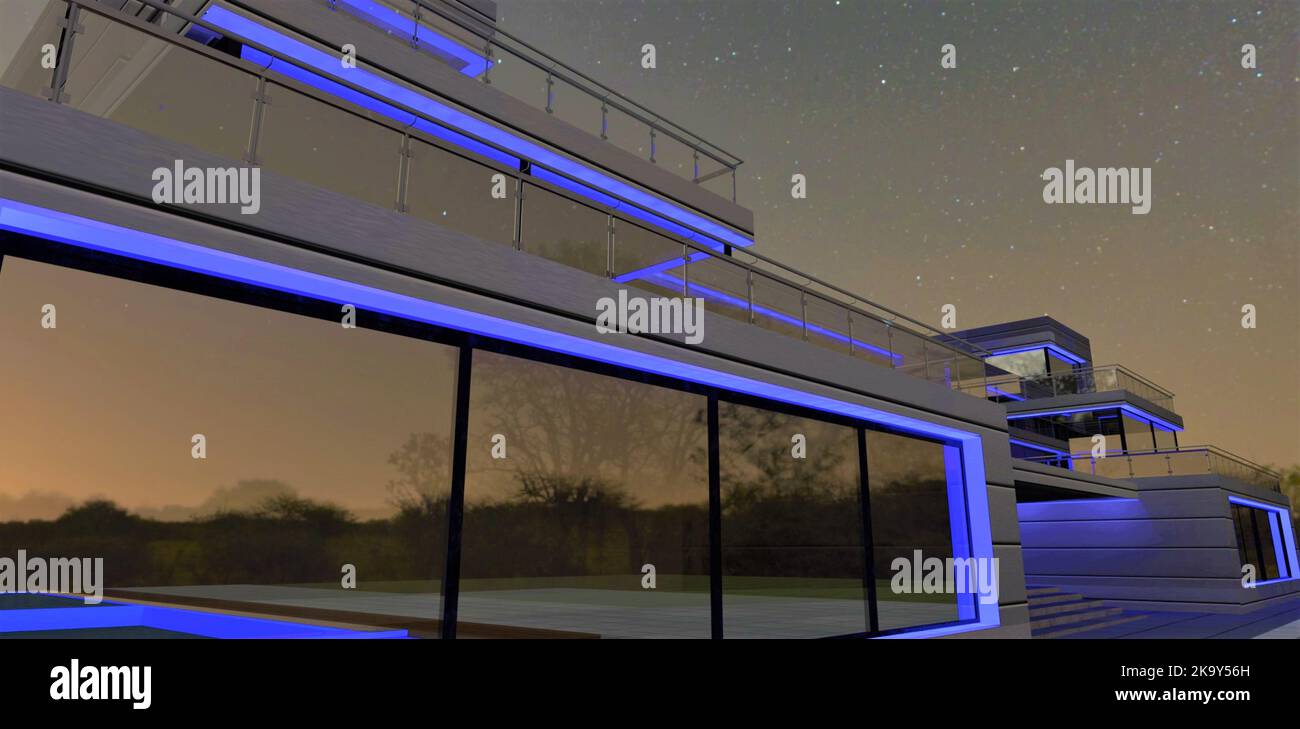 The blue LED strip as a decoration of the contemporary country building ...