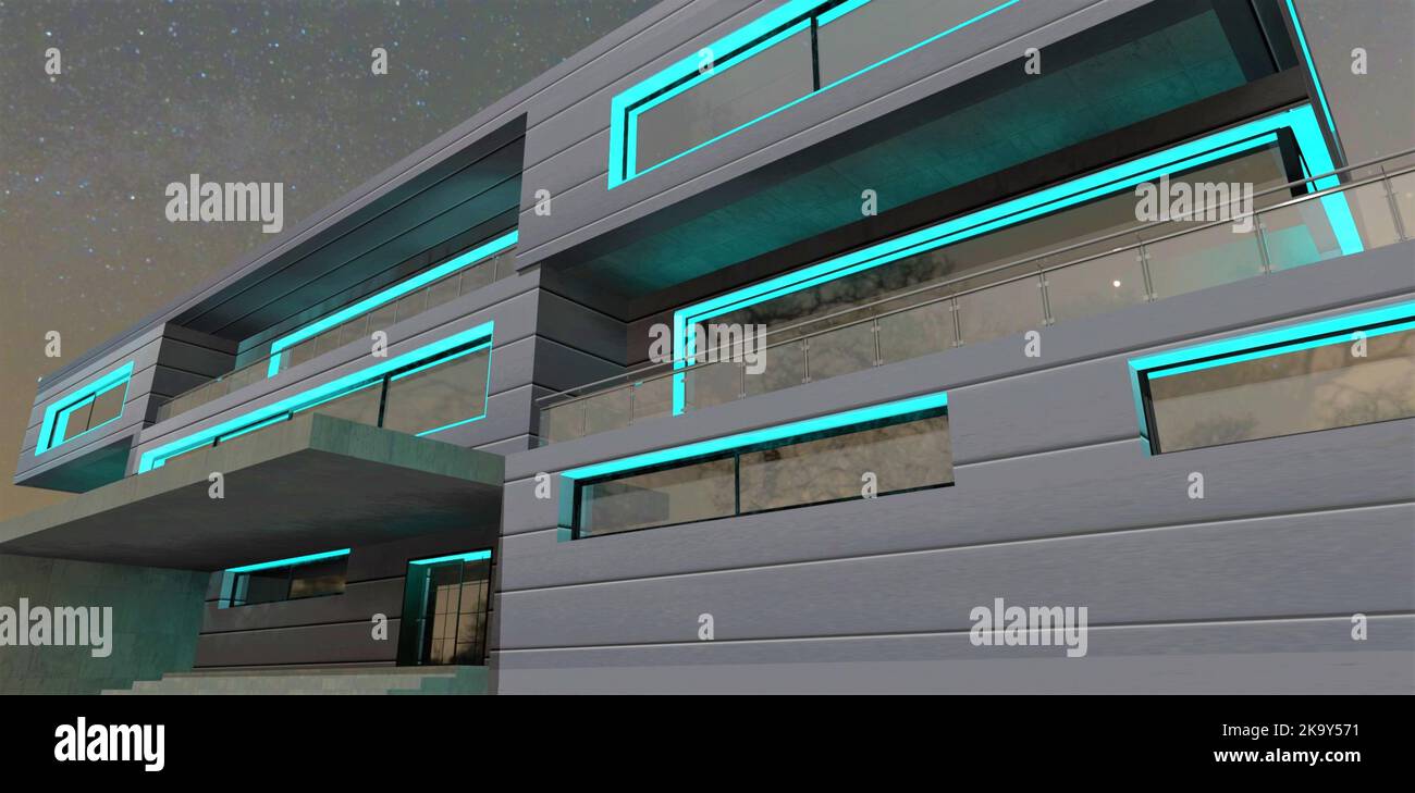 The aluminum exterior of the advanced estate illuminated with turquoise ...