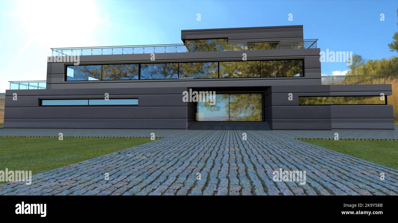 Natural granite cobbled approach to the entrance to a futuristic ...