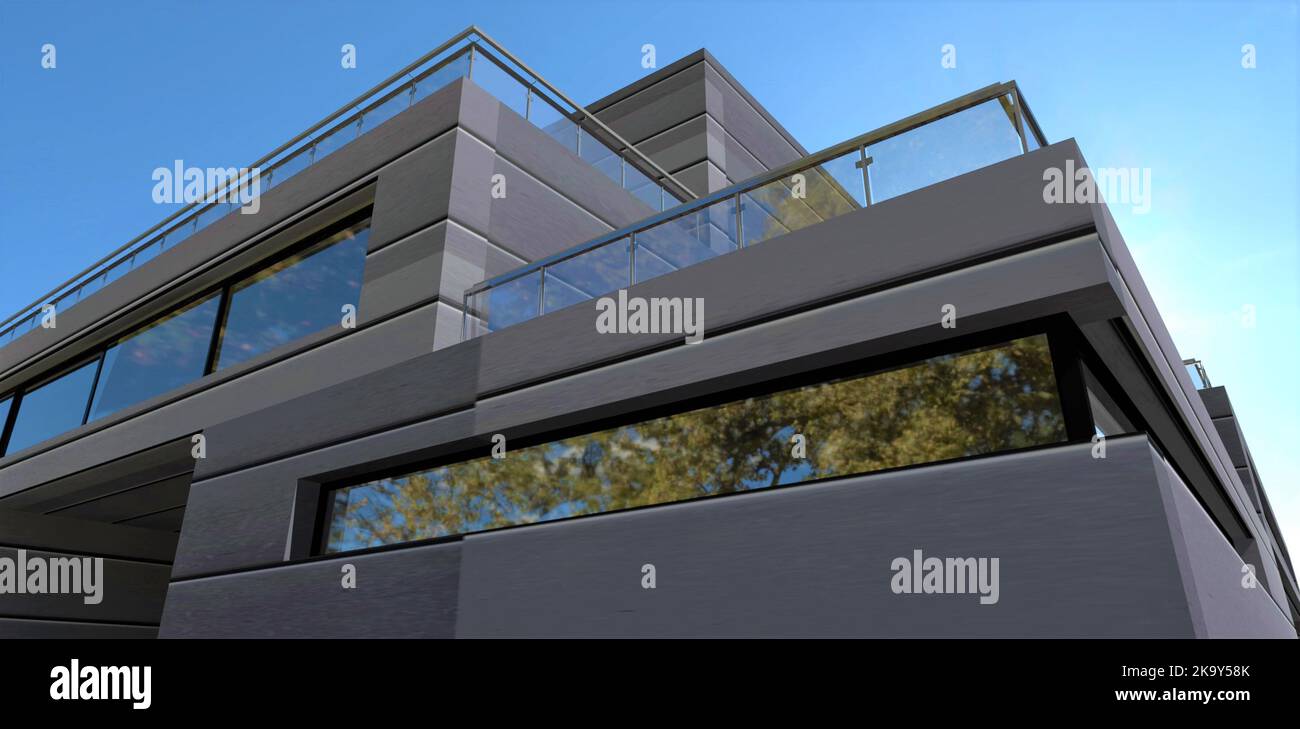 View from below at the blue sky on the corner of a futuristic house ...