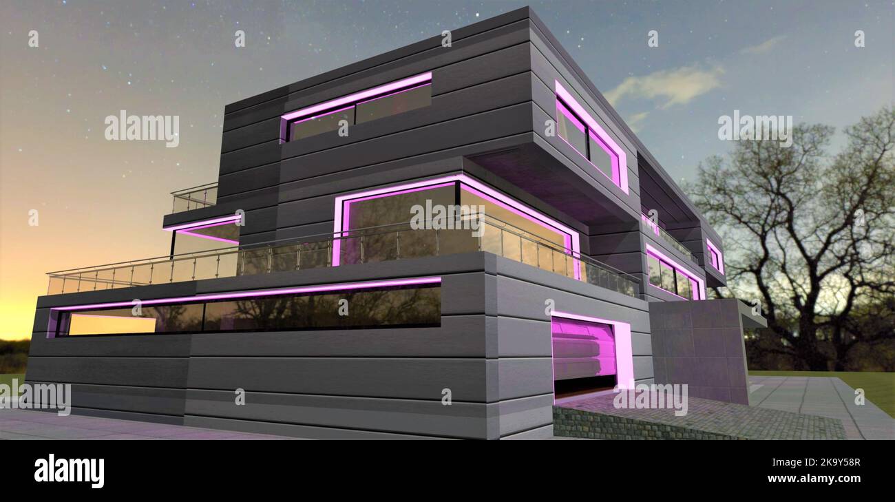Purple light from led strip on aluminum facade of modern newly built ...