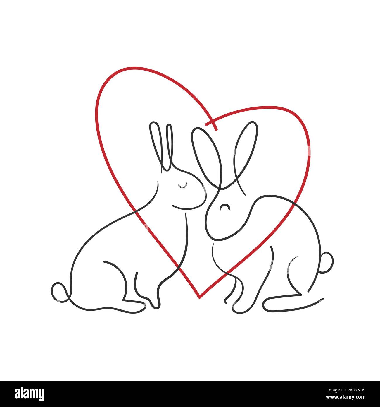 Hand drawn one line rabbits with red heart. One line drawing rabbit ...