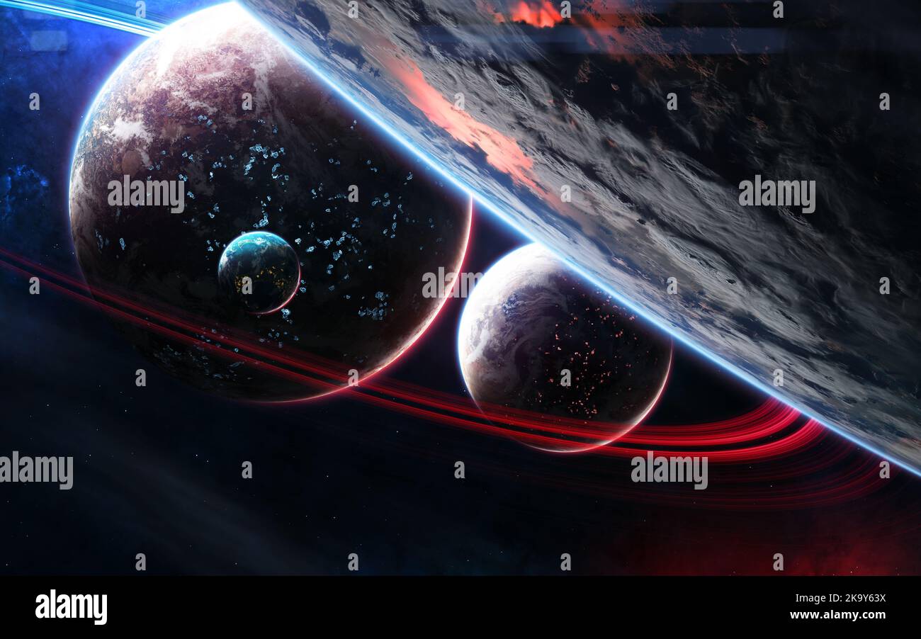 Inhabited deep space planets in light of blue and red stars Stock Photo - Alamy