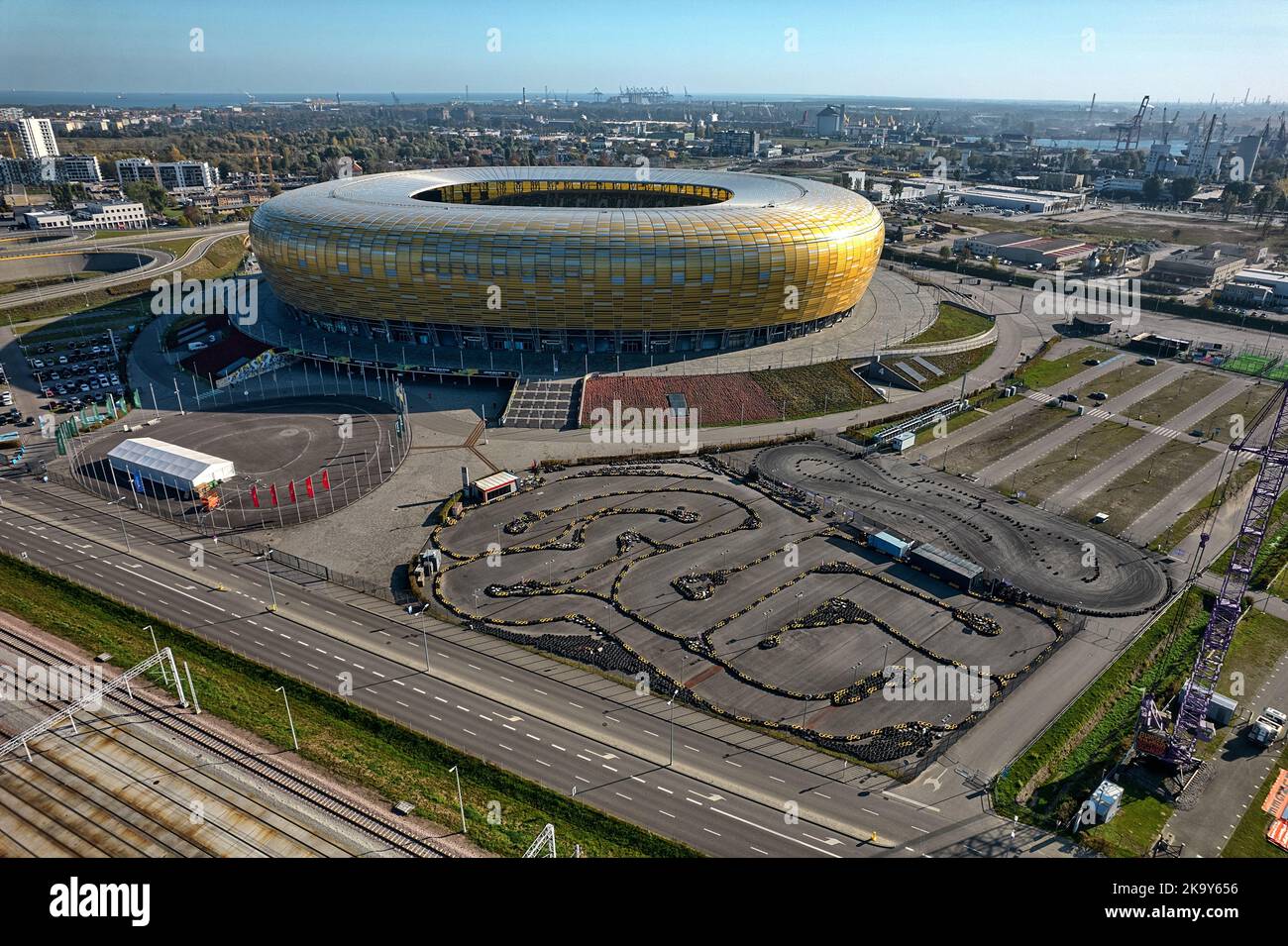 Lechia sports stadium in Gdańsk. The sun illuminates the facade of the ...