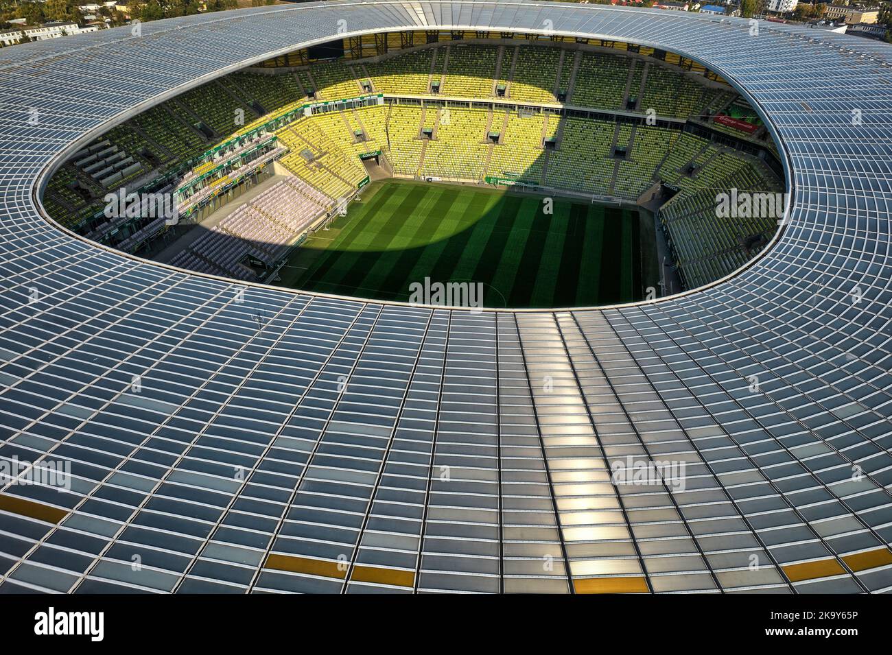 Lechia sports stadium in Gdańsk. The sun illuminates the facade of the ...