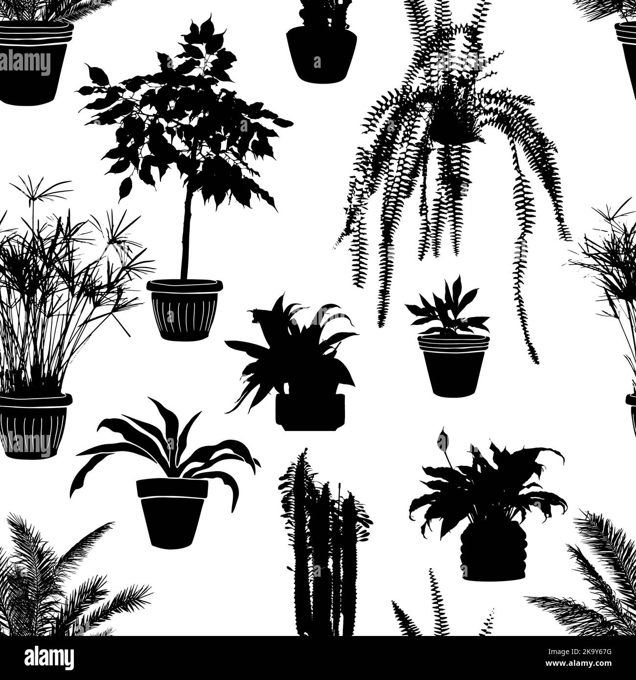 Houseplants monochrome silhouette seamless pattern. Vector illustration ...