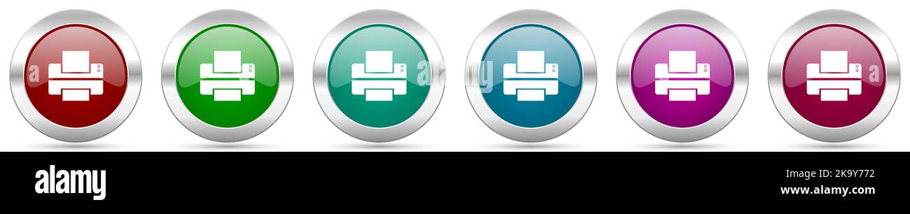 Printer, print silver metallic vector icon set, round glossy buttons ...