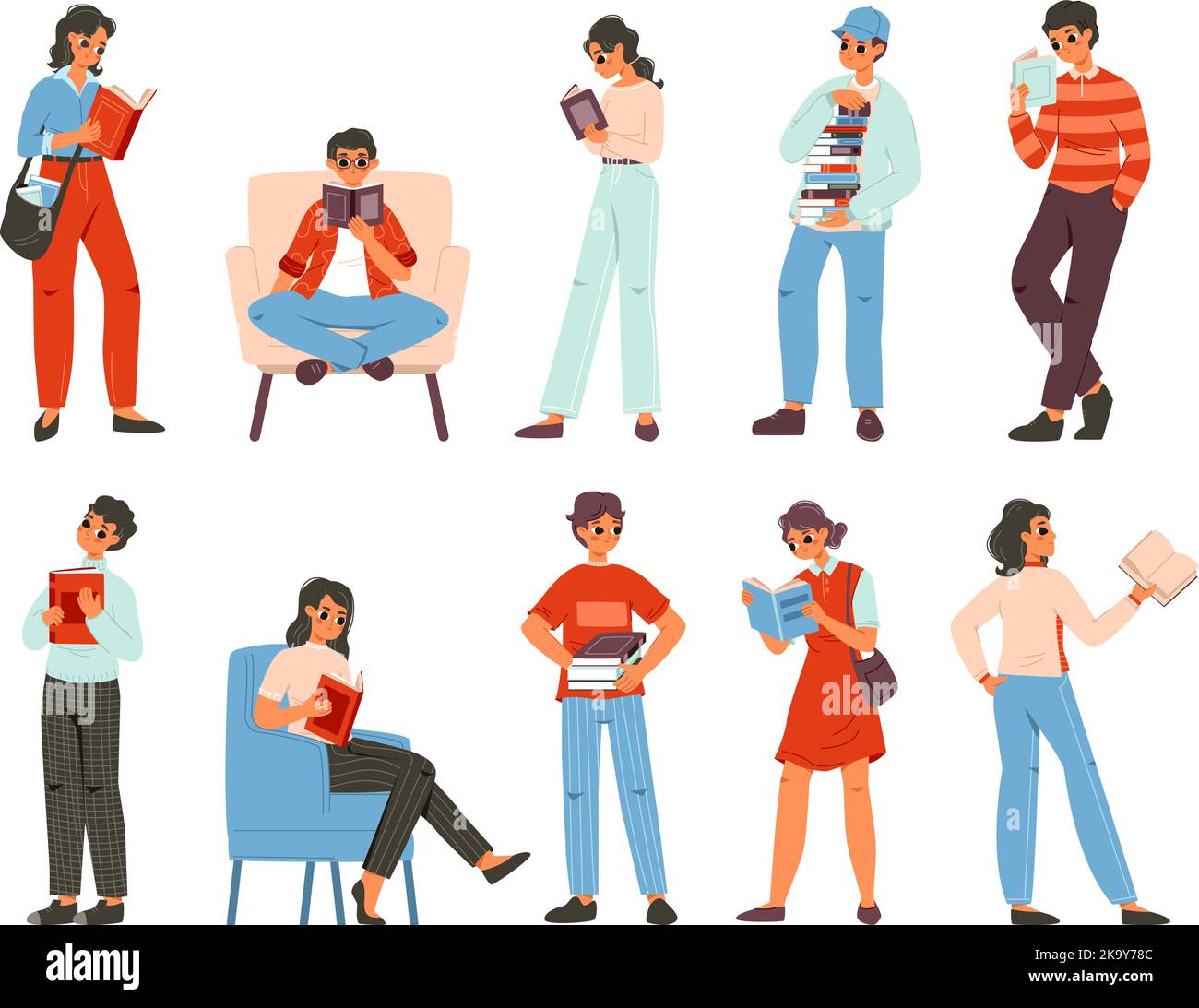People reading books, young readers characters. Teens holding book ...