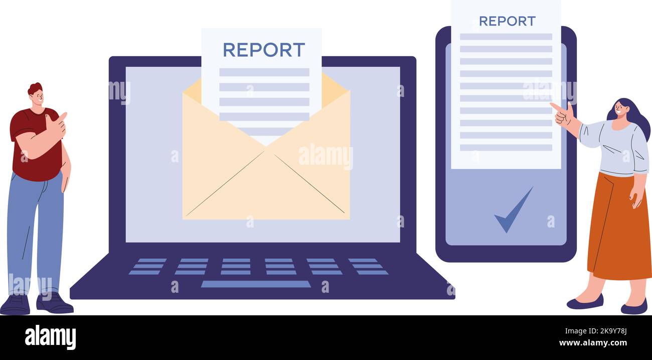 Digital report vector concept. Flat cartoon people point to smartphone ...