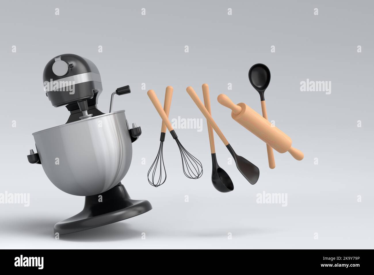 Mixer and metal bowl with kitchen utensil for preparation of dough on ...