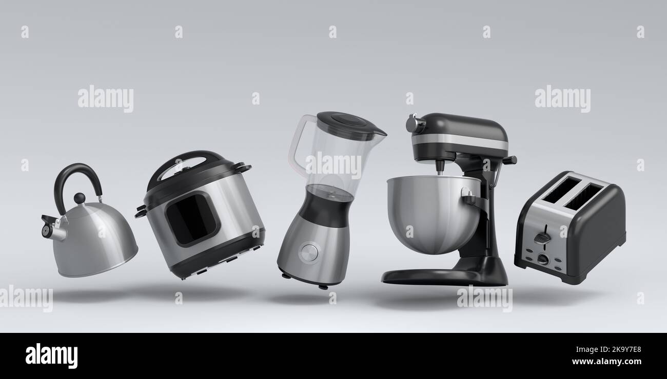 Electric kitchen appliances and utensils for making breakfast on white ...