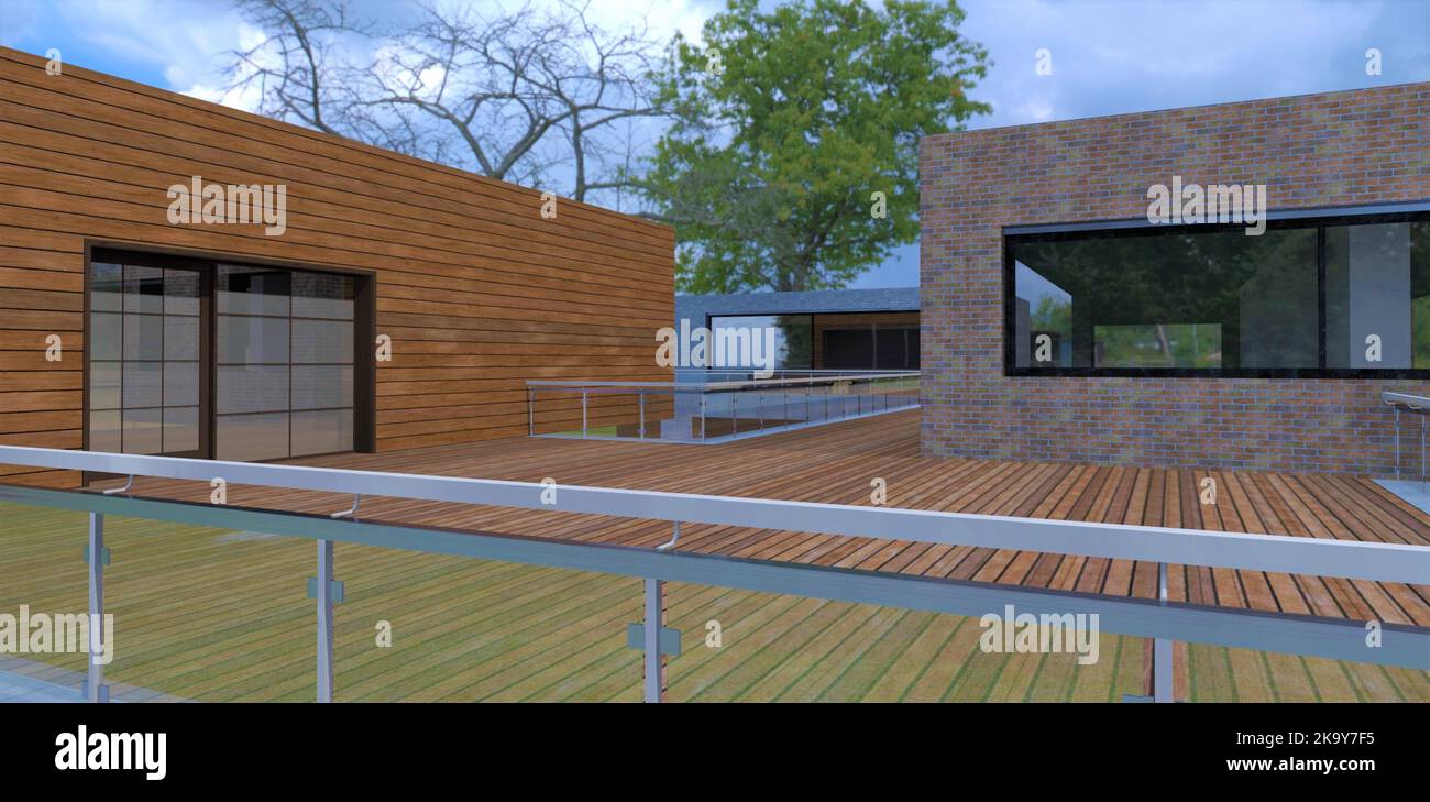 Glass fence of a wooden terrace of a recently commissioned country ...