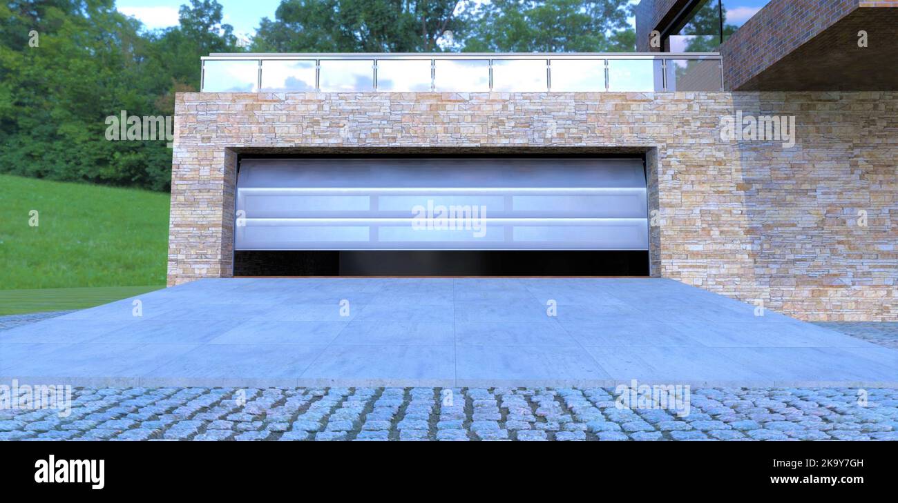 Metal lifting automatic garage doors. Concrete ramp for easy vehicle ...