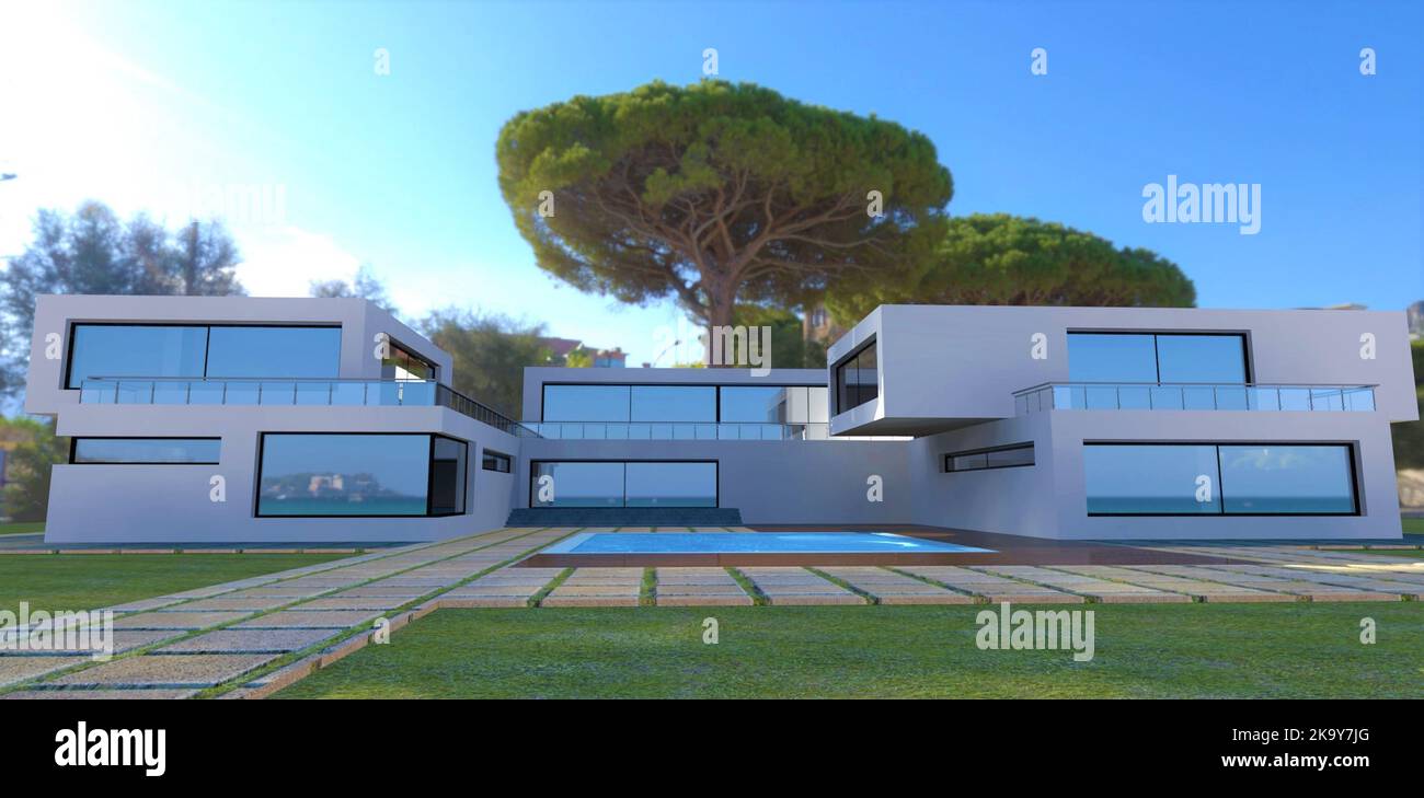 A cozy modern villa with a swimming pool surrounded by decking and ...